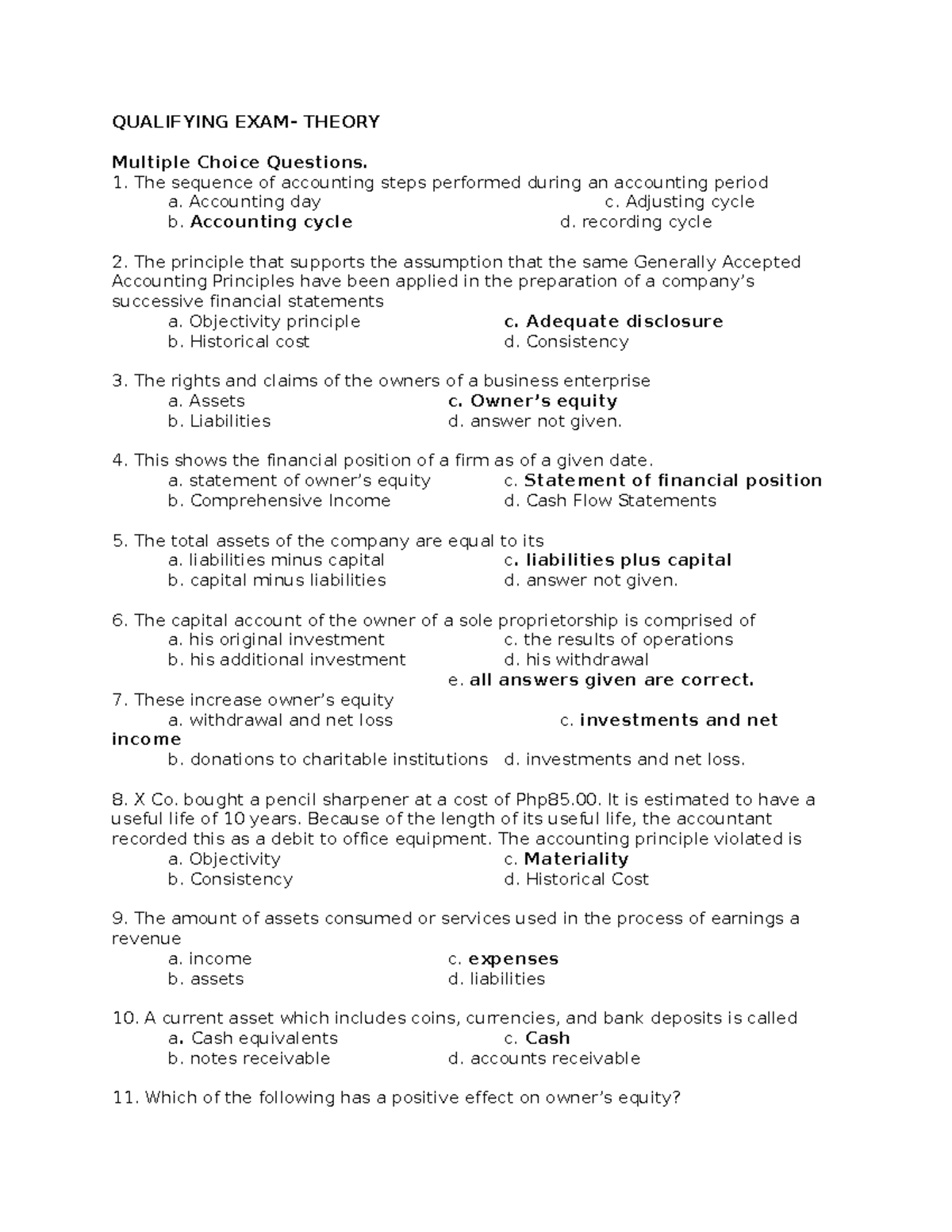 Qualifying THR Answer KEY - QUALIFYING EXAM- THEORY Multiple Choice ...