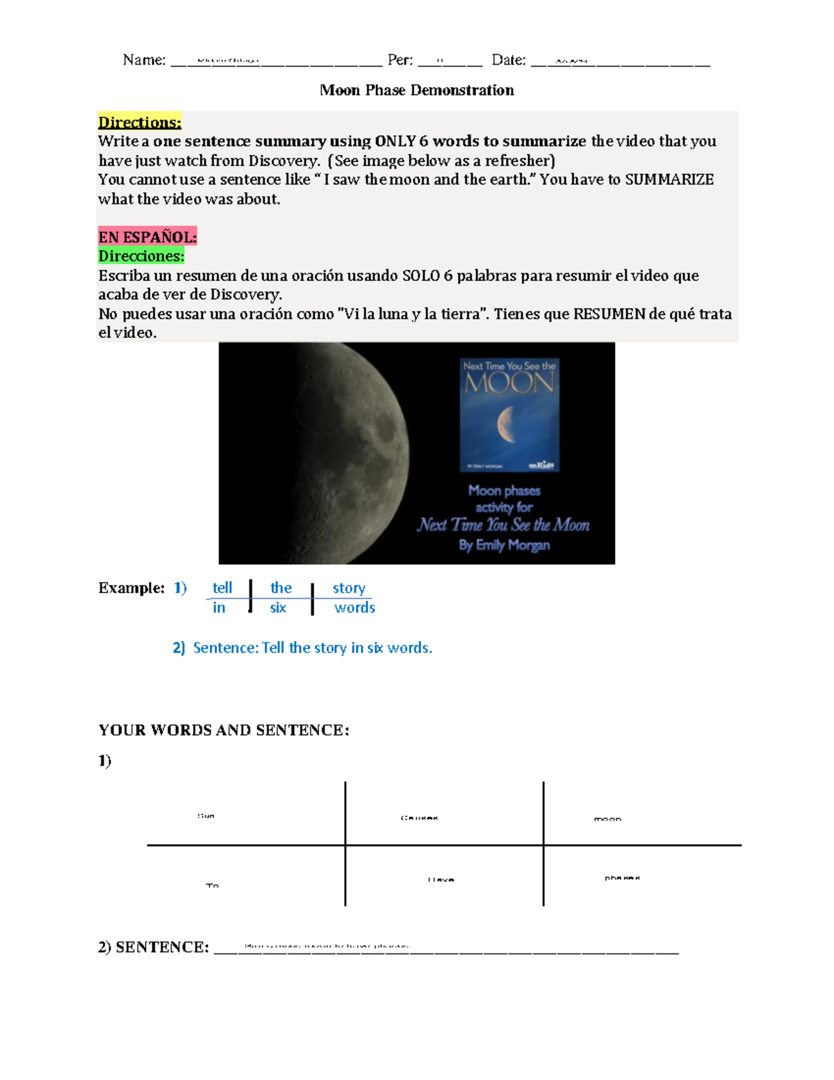 Phases of the Moon Demonstration -6 WORD Summary 1 - Name ...
