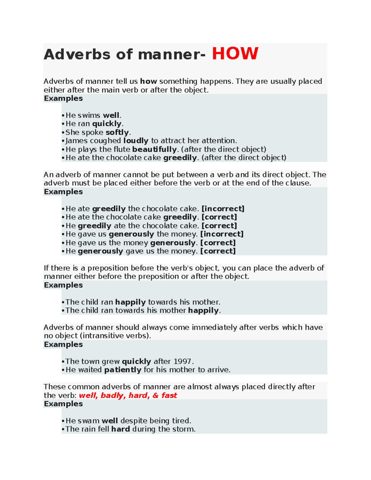 Adverbs of manner - tài liệu - Adverbs of manner- HOW Adverbs of manner ...