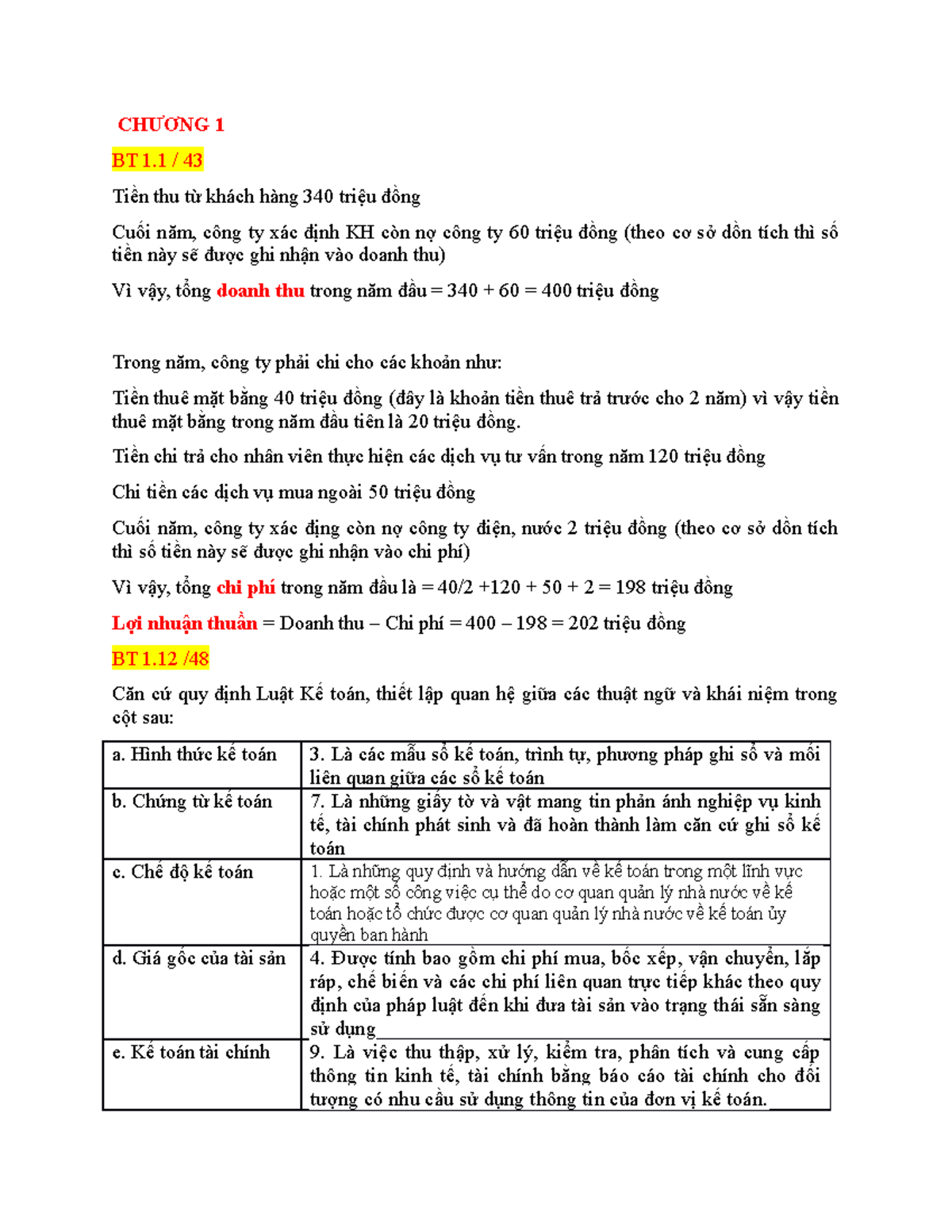 BT C1 C2 C3 C4 - ừvhbiu - CHƯƠNG 1 BT 1 / 43 Tiền thu từ khách hàng 340 triệu đồng Cuối năm ...