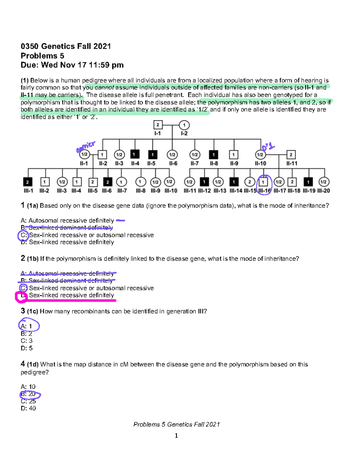 Problems 5 - Problem set 5 key, work, examples, and explanations - Problems 5 Genetics Fall 2021 ...