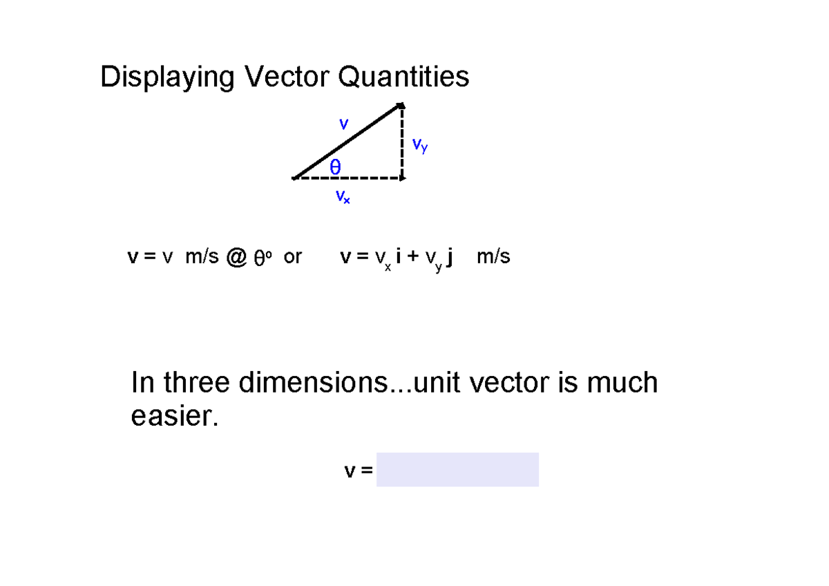 2d motion - Displaying Vector Quantities v = v m/s @ θo or v = v x i ...