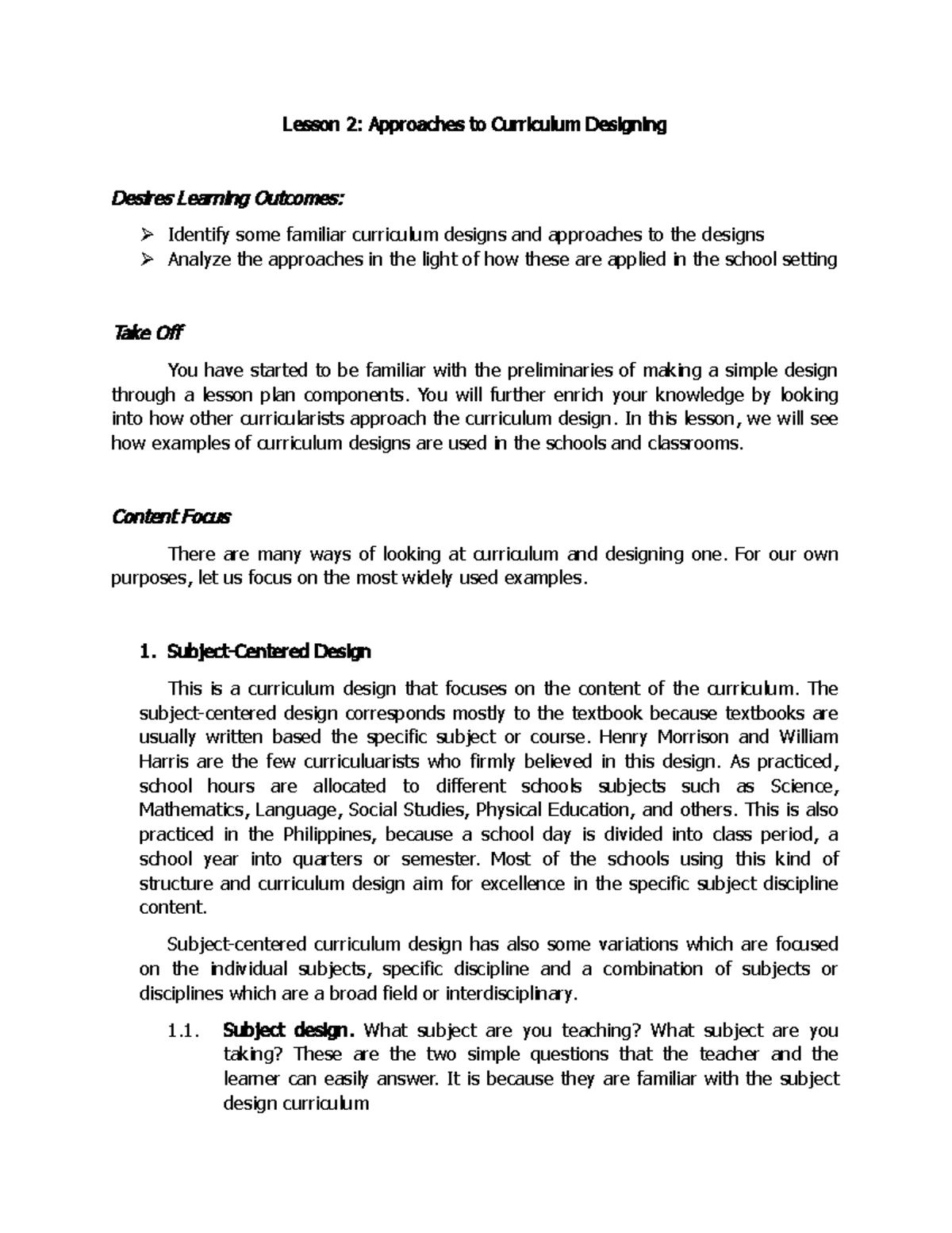 Appraoches TO Currilucum Design - Lesson 2 : Approaches to Curriculum ...
