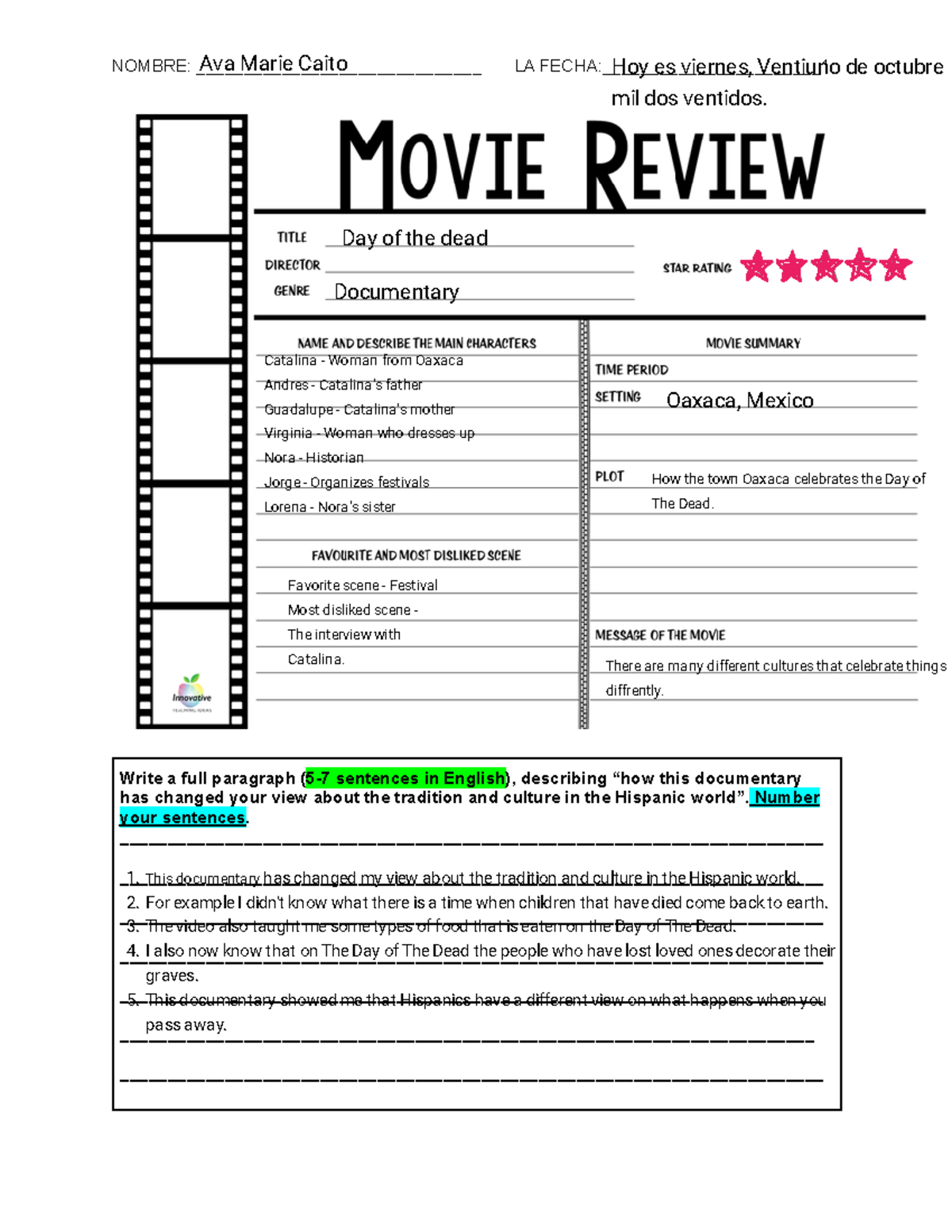Movie graphic organizer -culture - NOMBRE ...