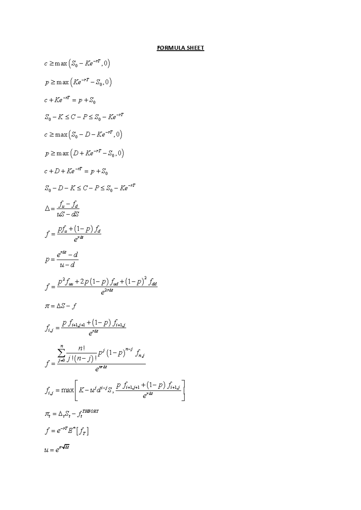 Formula Sheet 2024 - FORMULA SHEET max 0 , 0 c S Ke rT max 0 , 0 p Ke ...