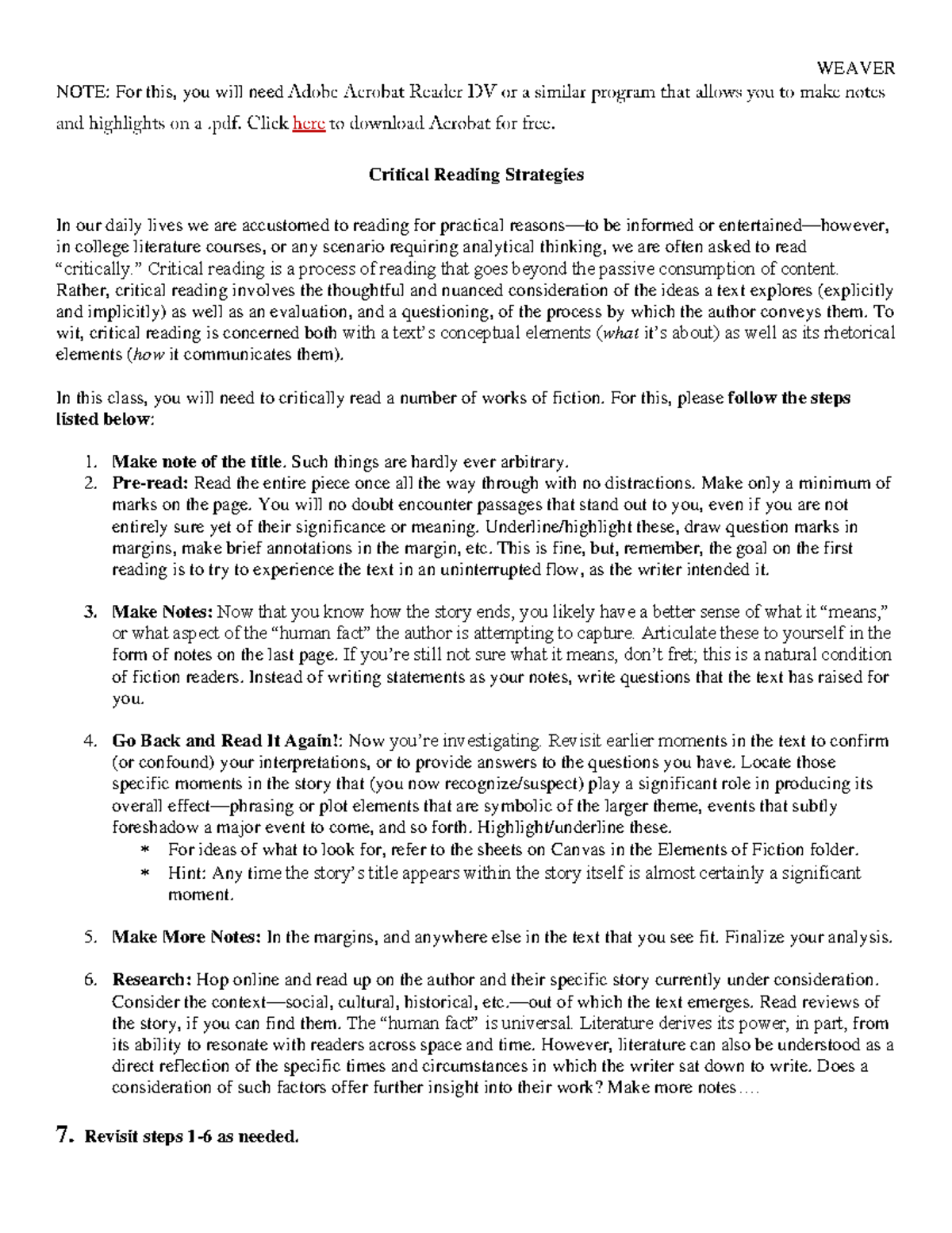 Critical Reading Strategies - ENG 104 - WEAVER NOTE: For this, you will ...