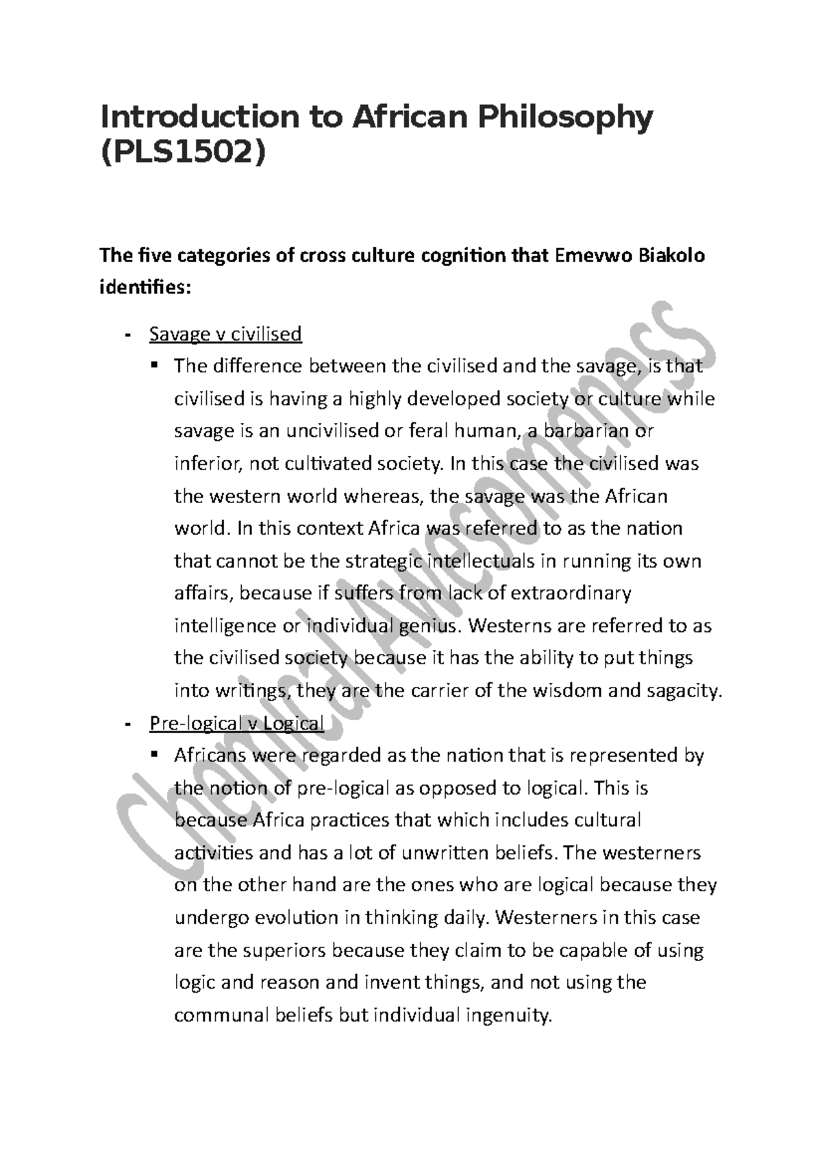 Pls notes - CRW2601 - Introduction to African Philosophy (PLS1502) The ...