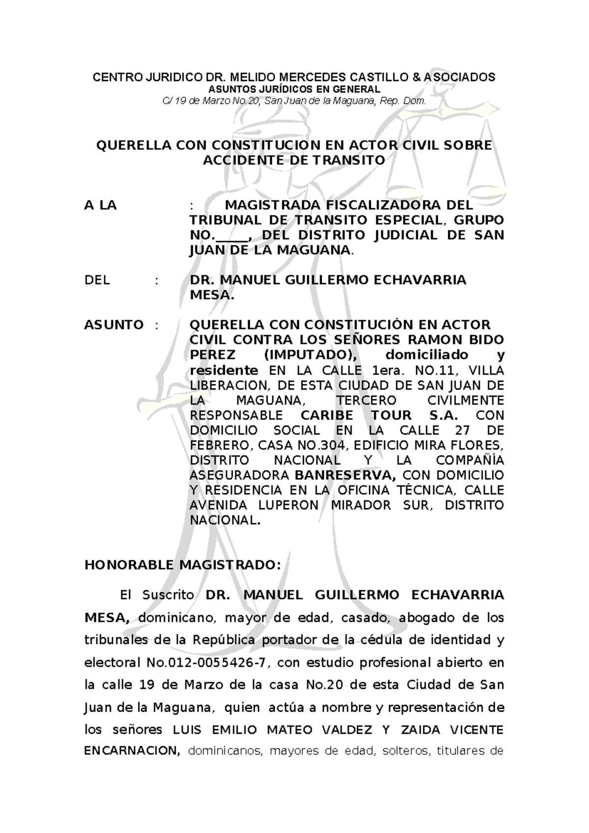 Querella EN Constitucion Sobre Accidente DE Transito Ramon BIDO Perez ...