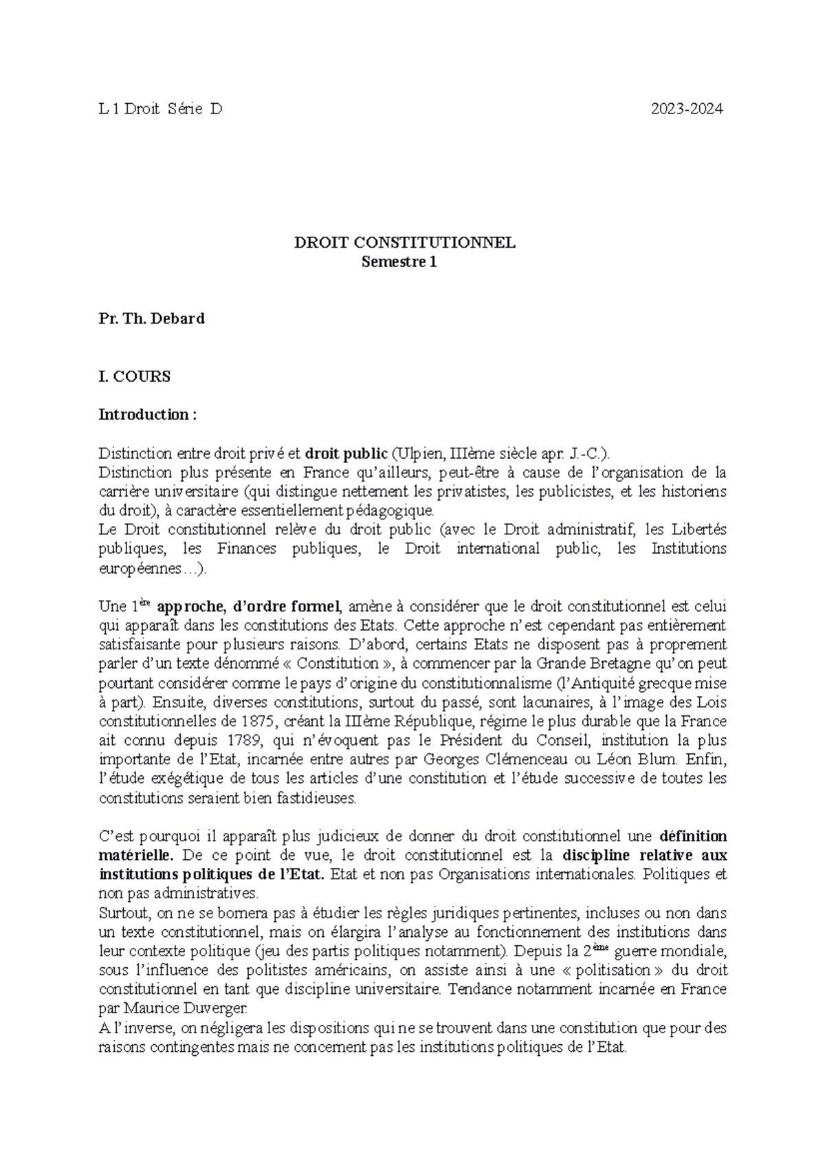 Droit constit cours prof S1 - L 1 Droit Série D 2023- DROIT ...