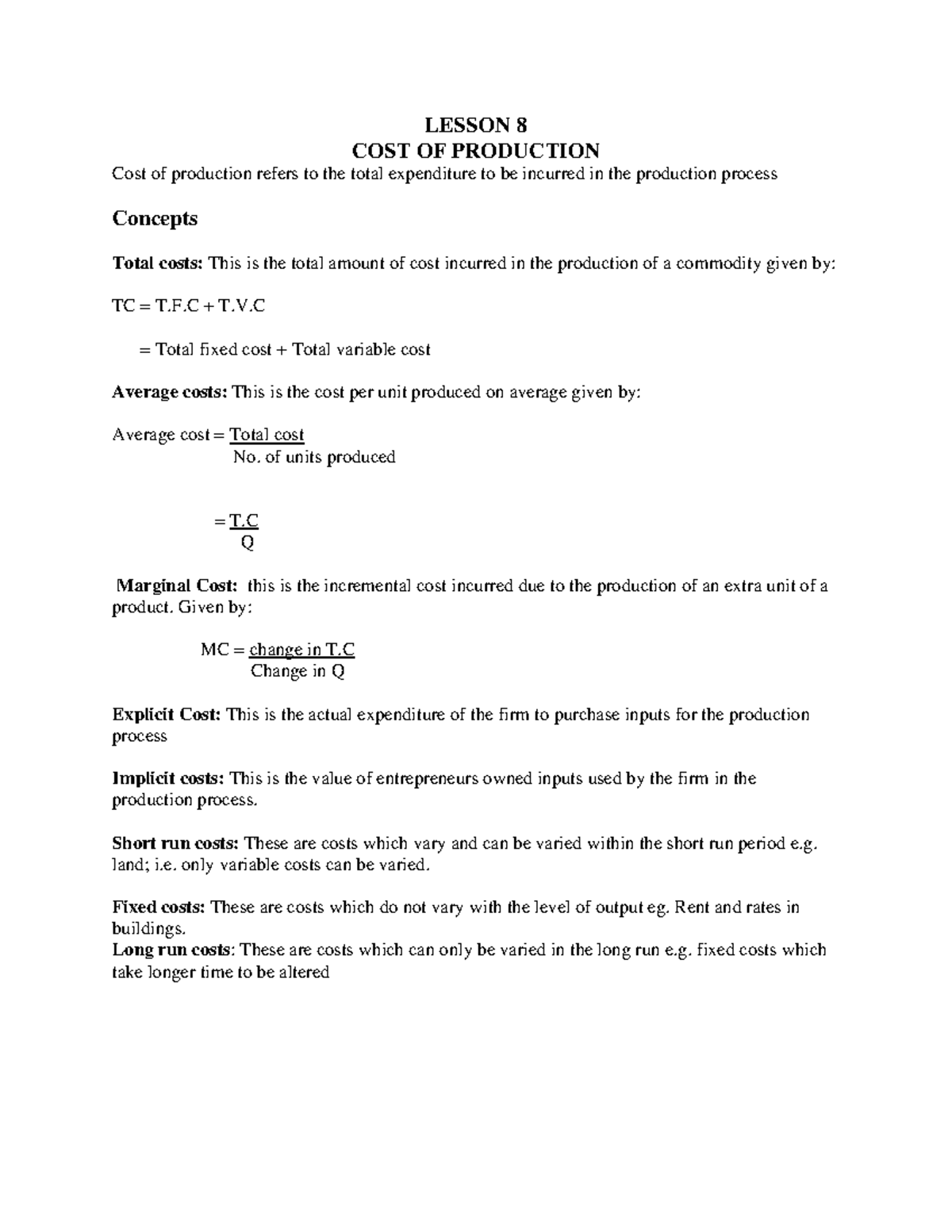 COST OF Production - good - LESSON 8 COST OF PRODUCTION Cost of ...