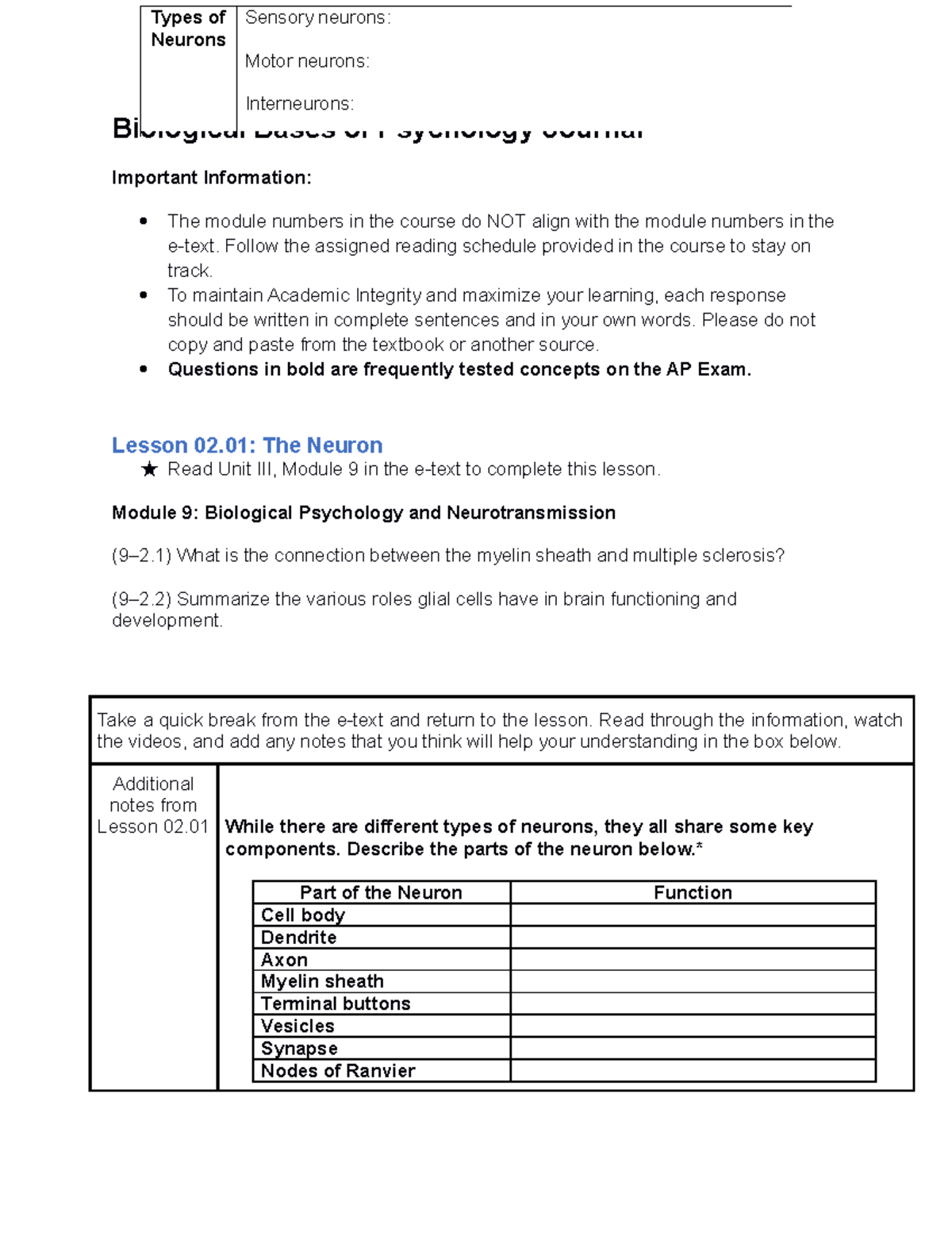 Mod. 2 biological bases of psychology journal - Biological Bases of ...