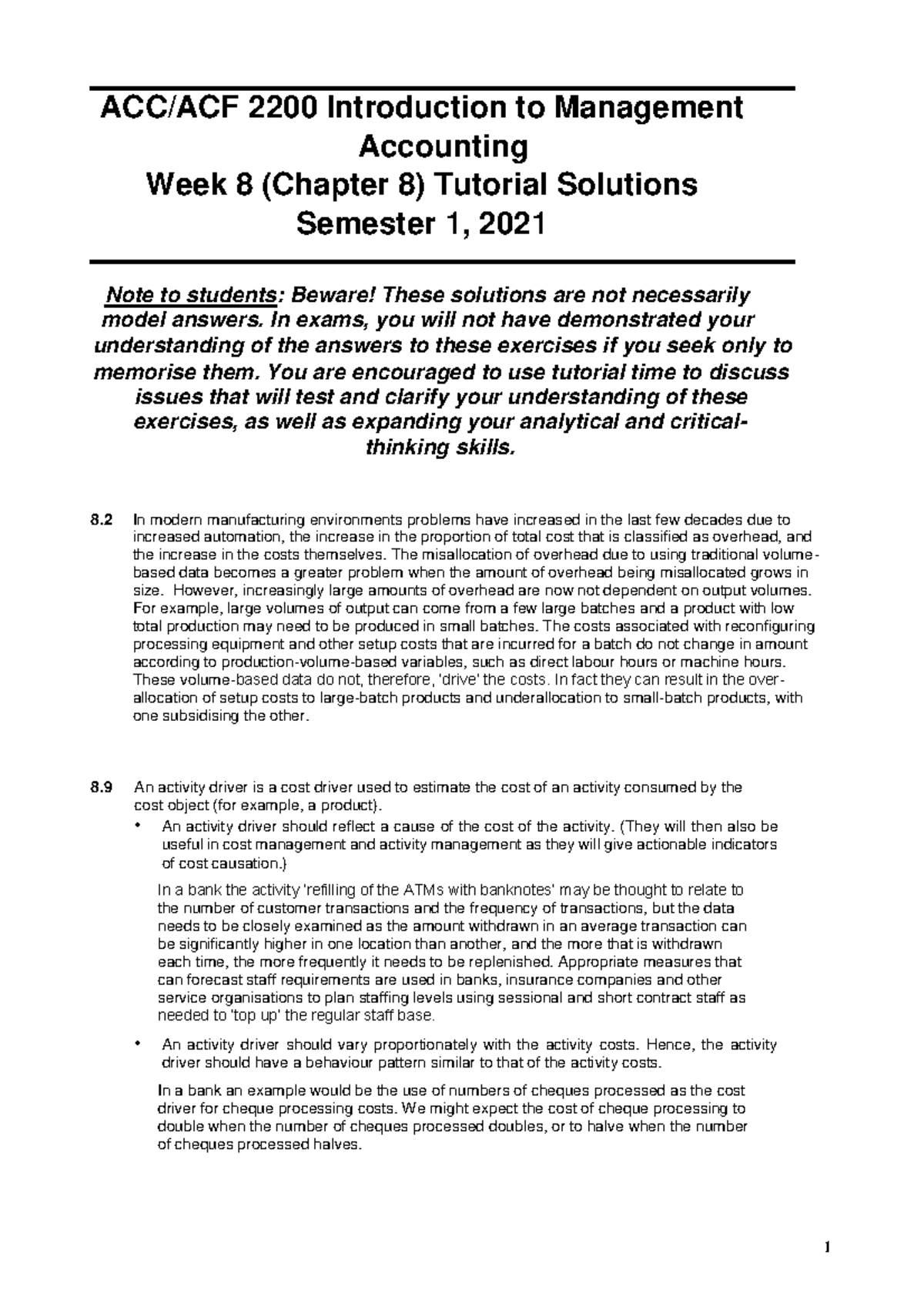 Solutions to Tutorial Questions W8 - ACC/ACF 2200 Introduction to ...