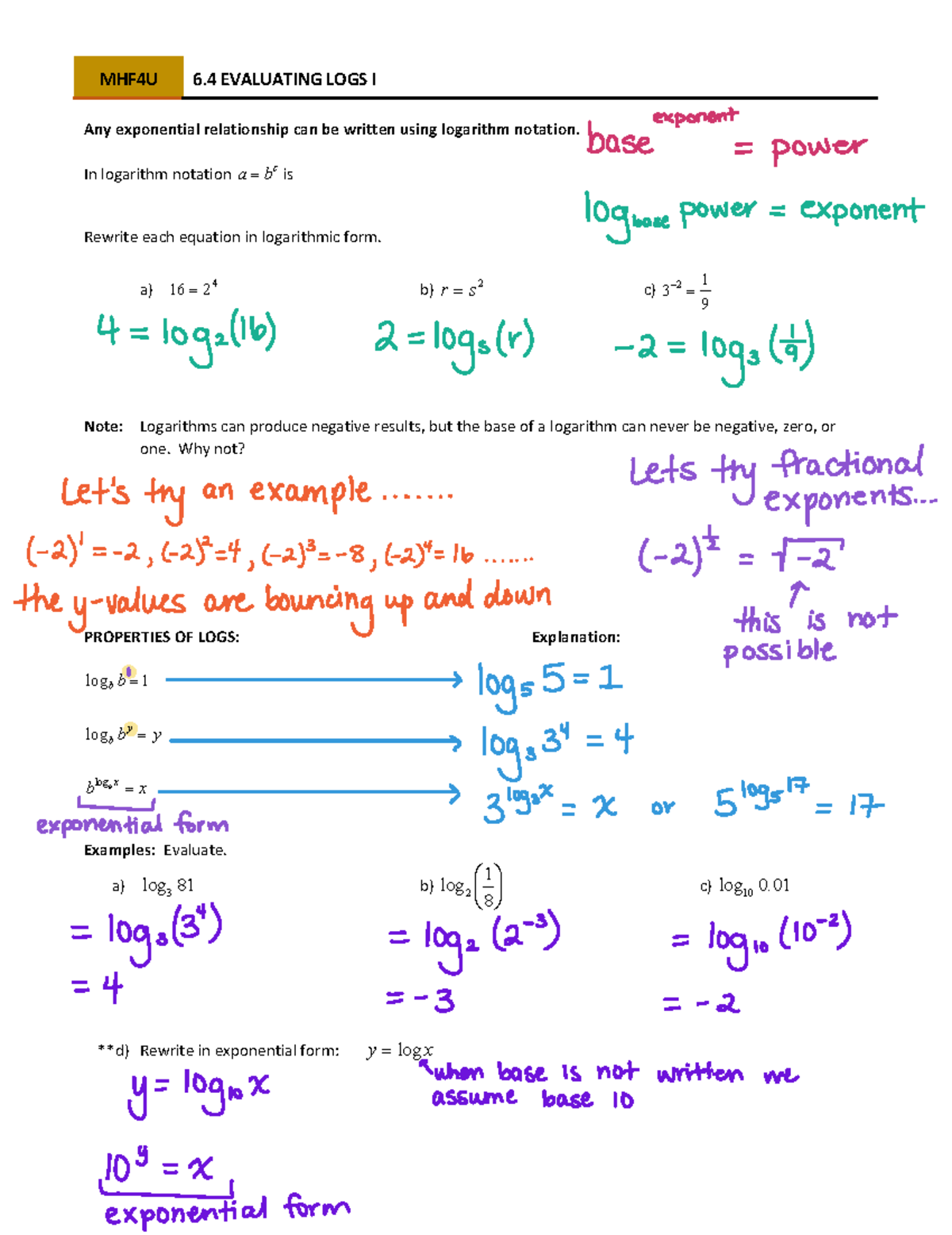 6.04 - Evaluating Logs I - MHF4U 6. 4 EVALUATING LOGS I Any exponential ...