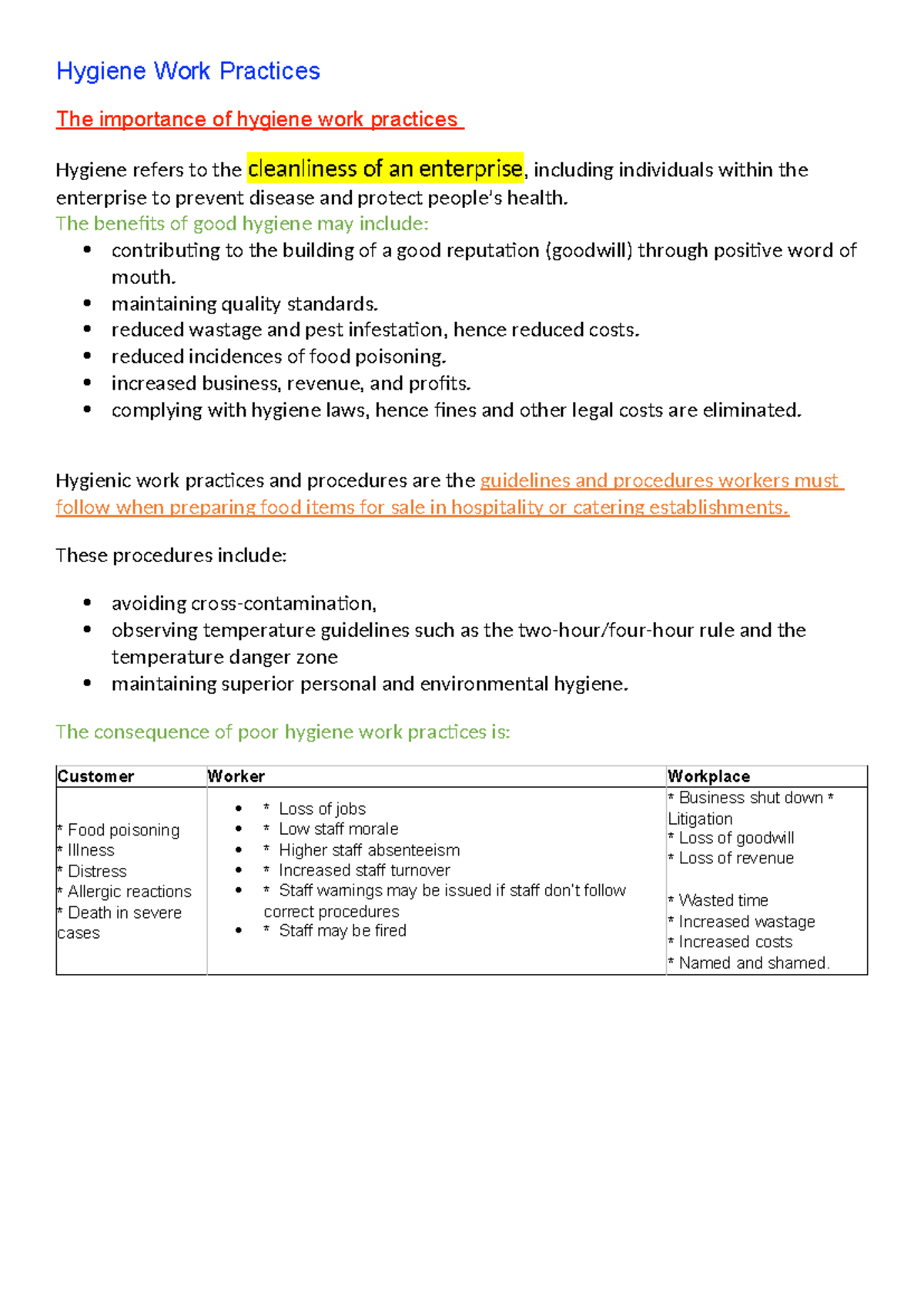 Prelim Hygiene - Hygiene Work Practices The importance of hygiene work ...