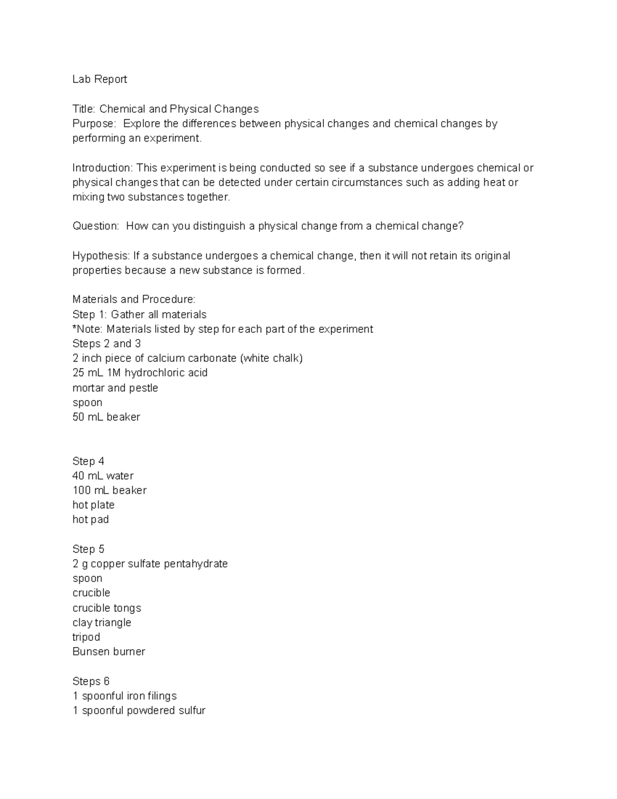 Lab Report - Google Docs - Lab Report Title: Chemical and Physical ...