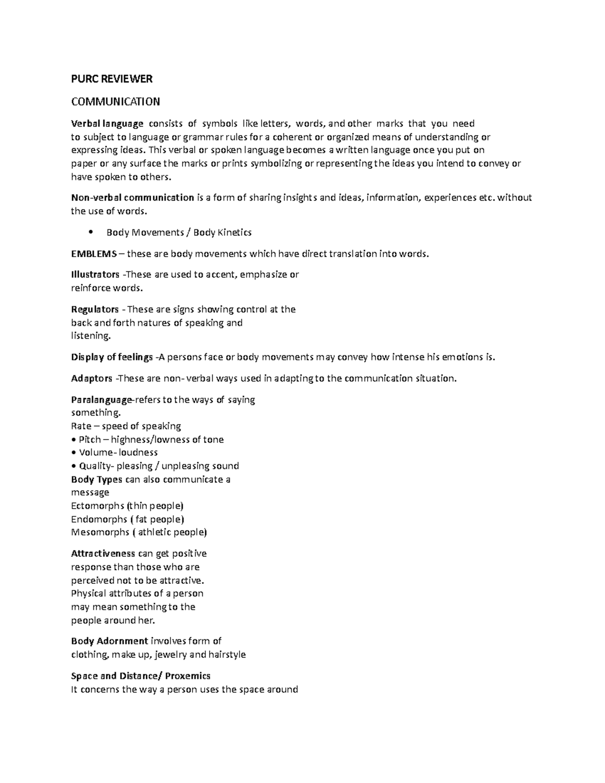 PURC Reviewer - PURC REVIEWER COMMUNICATION Verbal language consists of ...