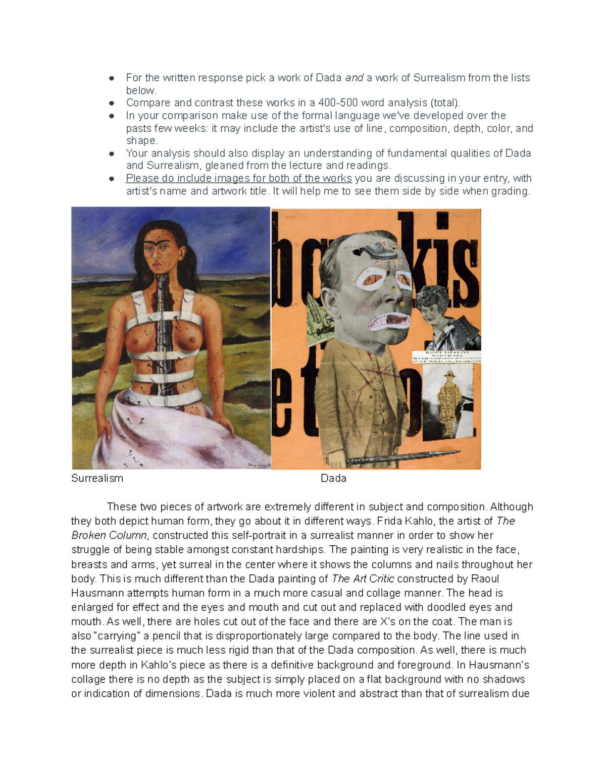 Dada and Surrealism - For the written response pick a work of Dada and ...