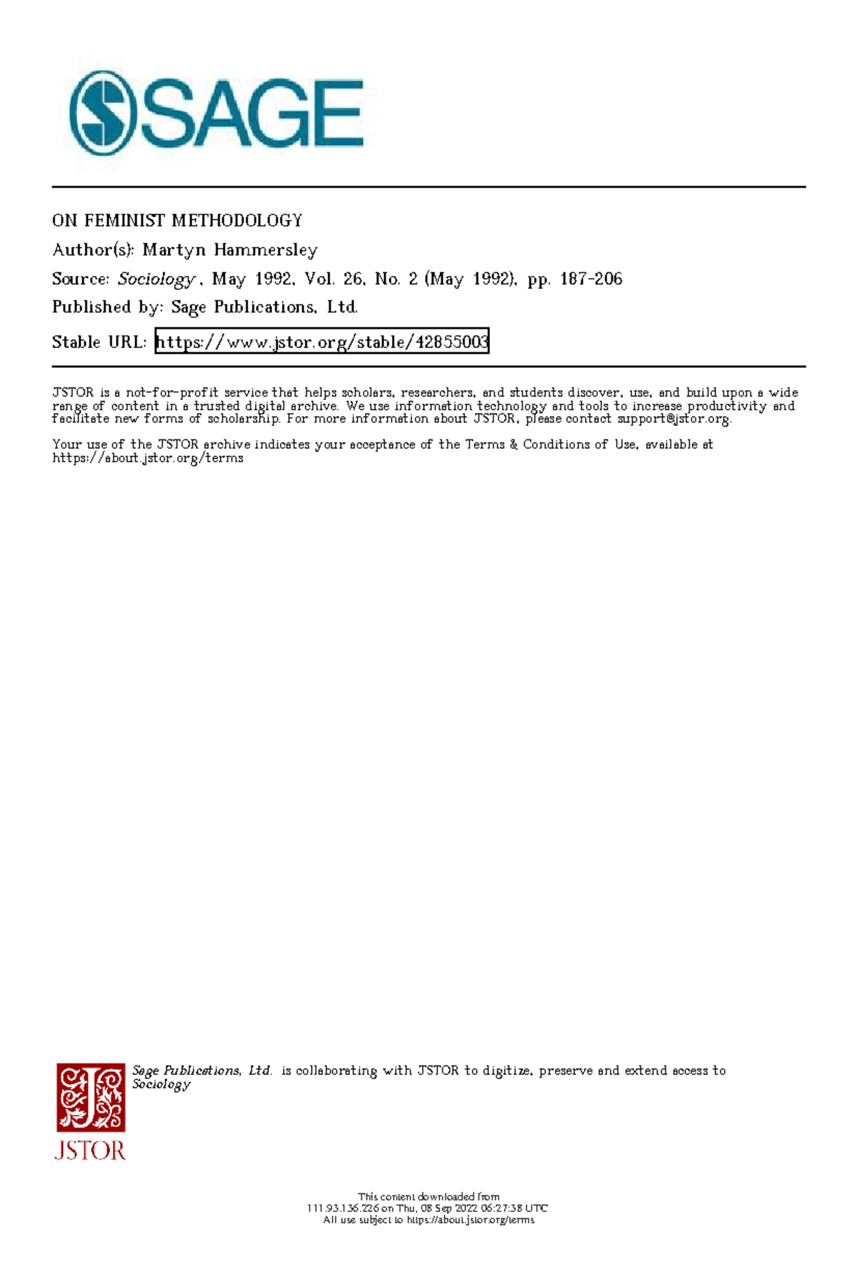 Feminist methodologies - ON FEMINIST METHODOLOGY Author(s): Martyn ...
