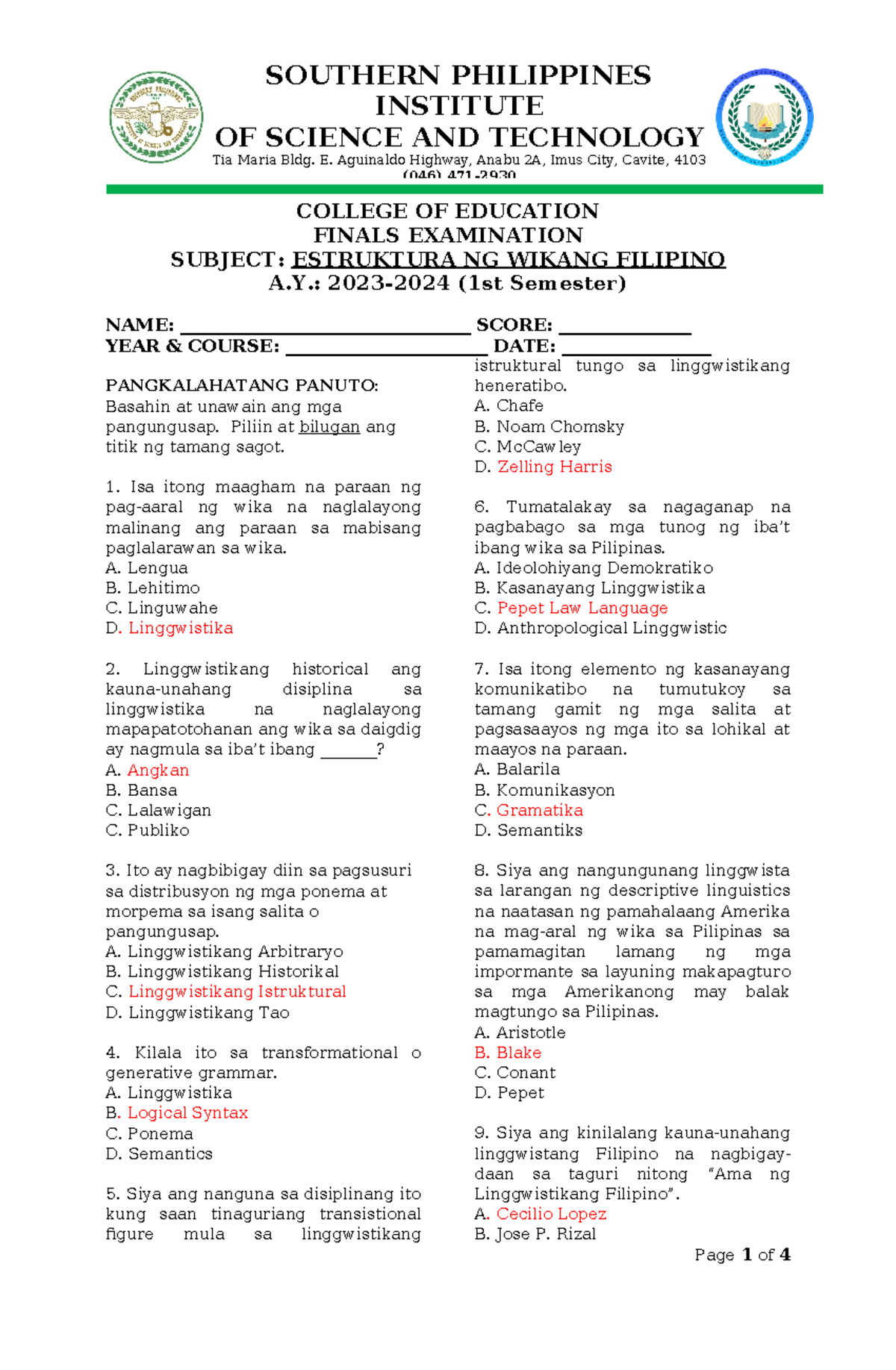 Estruktura- Finals - for lecture purposes - SOUTHERN PHILIPPINES INSTITUTE OF SCIENCE AND ...
