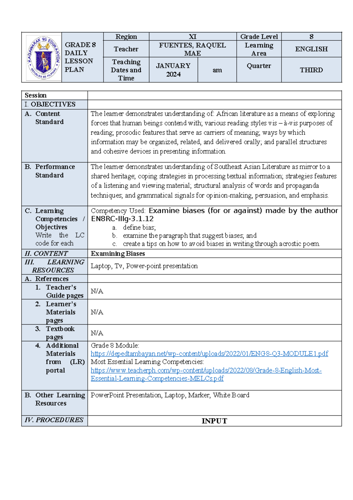 BIASES GRADE 9 - 7E'S LESSON PLAN - GRADE 8 DAILY LESSON PLAN Region XI ...