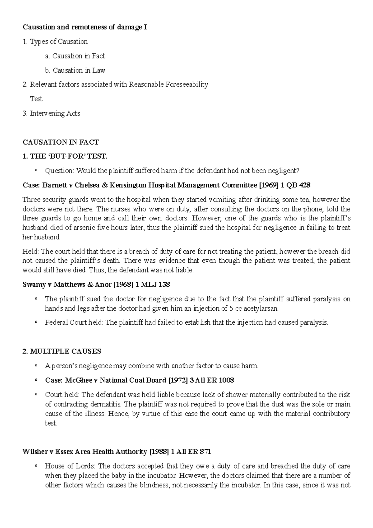 Causation and remoteness of damage I - Causation in Fact b. Causation ...