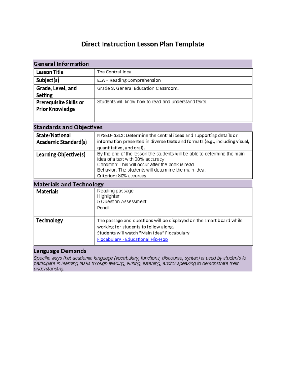 Elementary Reading Methods and Interventions Task 1 - Lesson Plan - Direct Instruction Lesson ...