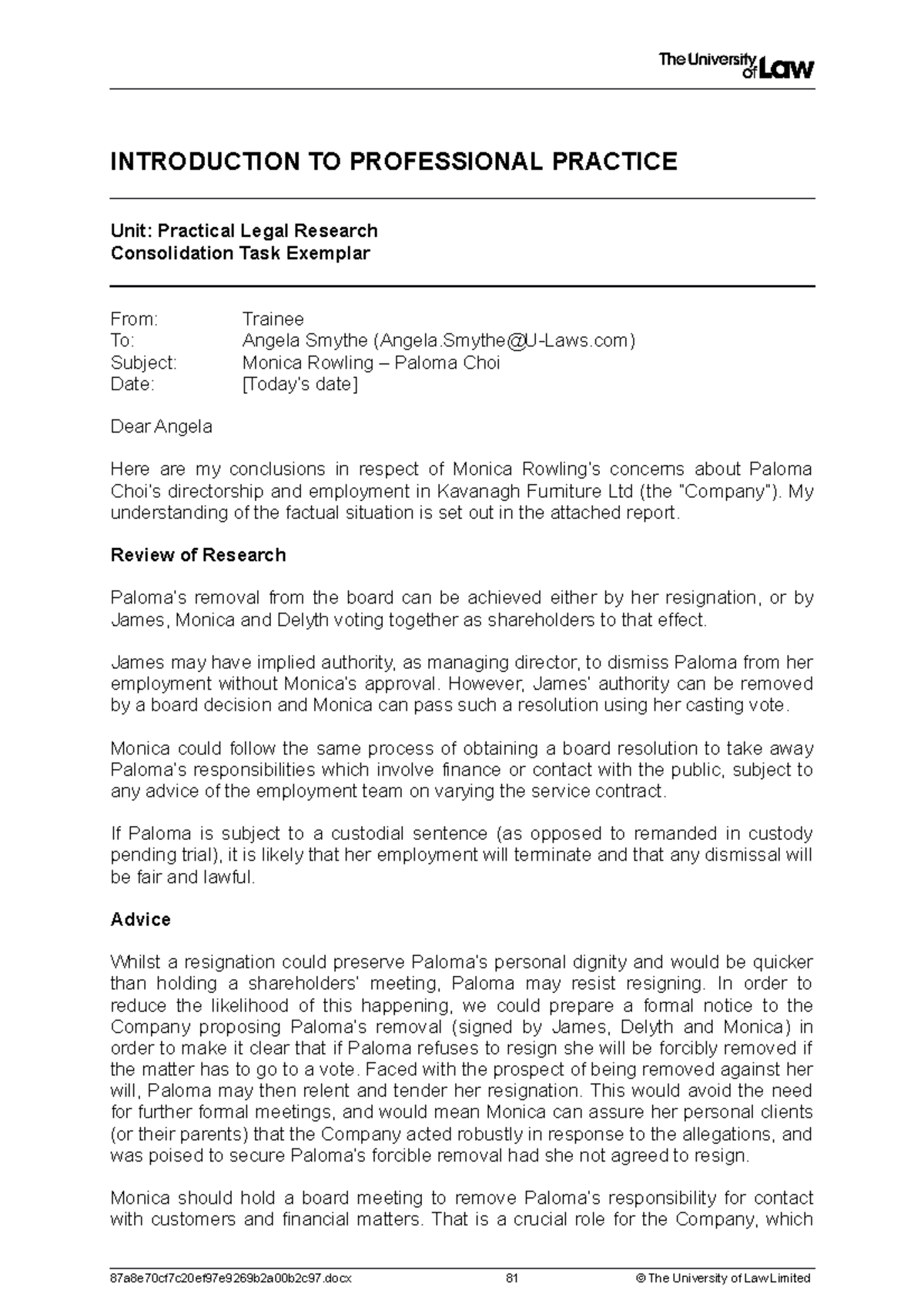 Exemplar - INTRODUCTION TO PROFESSIONAL PRACTICE Unit: Practical Legal ...