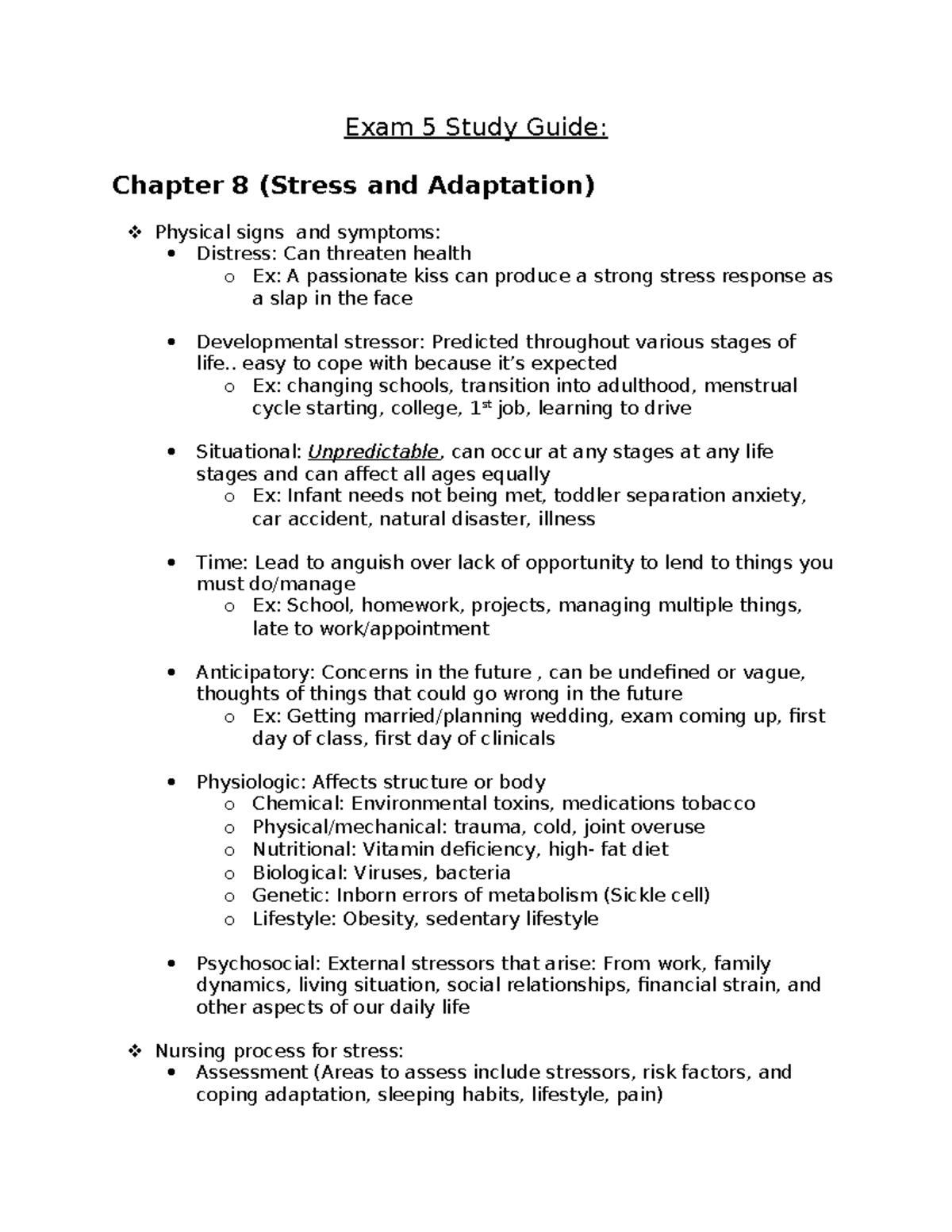 Exam 5 Study guide copy - Notes - Exam 5 Study Guide: Chapter 8 (Stress ...