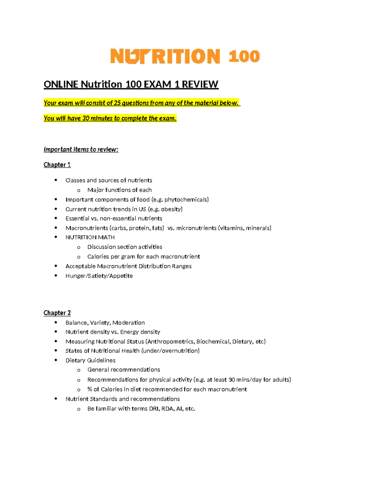 NUTR 100 EXAM 1 Review Topics/ What to study - ONLINE Nutrition 100 ...