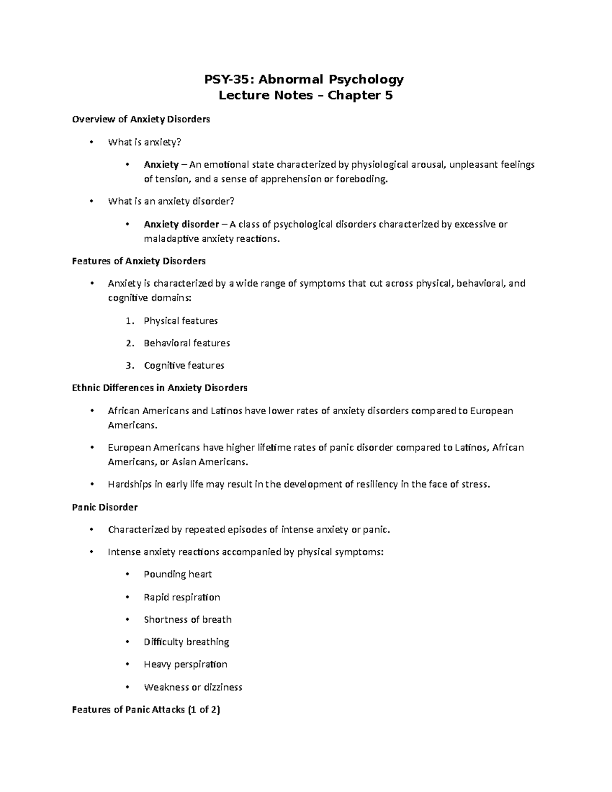 Chapter 5 Lecture Notes - Anxiety Disorders and Obsessive-Compulsive ...