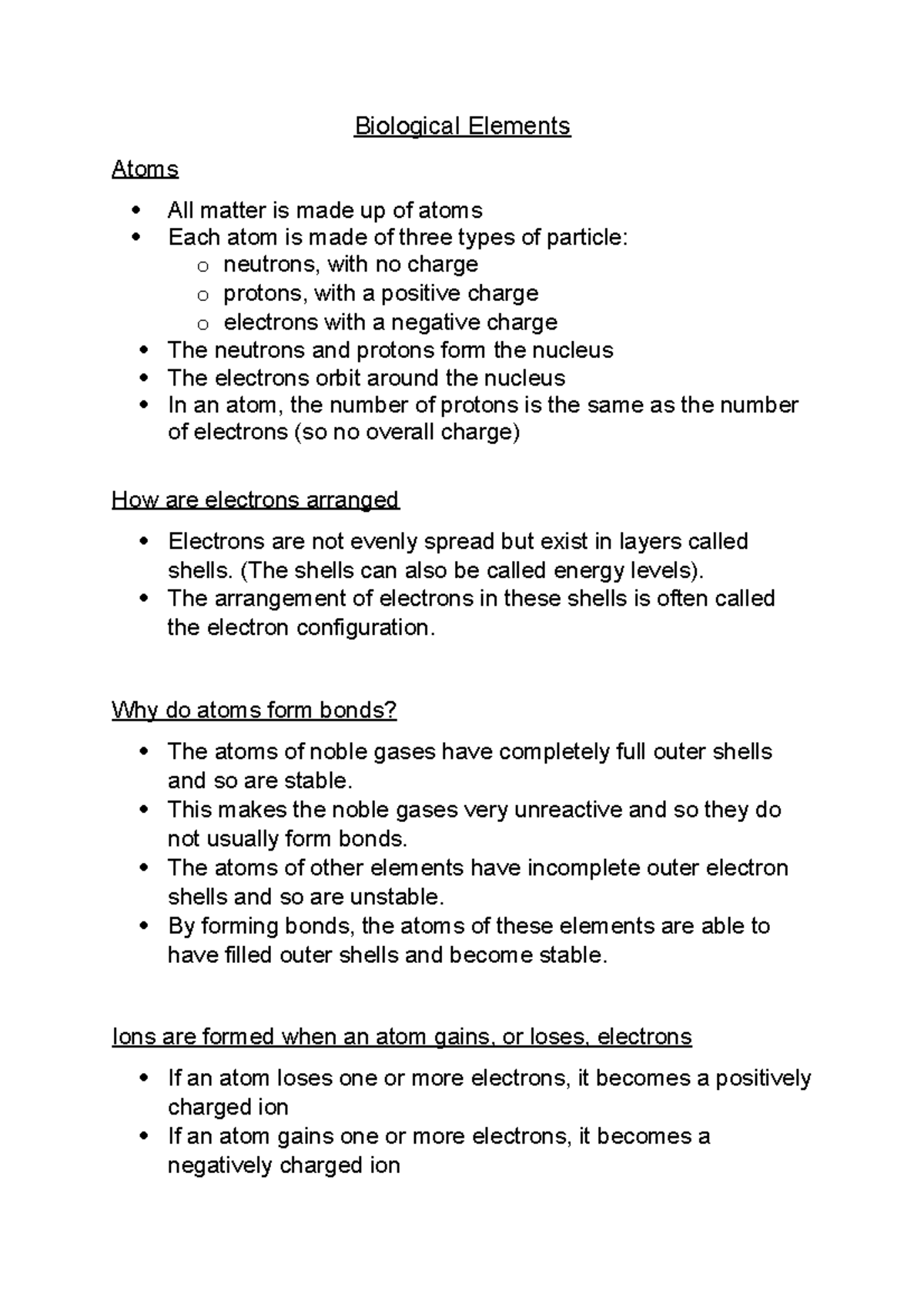 Biological Elements - Biological Elements Atoms All matter is made up ...