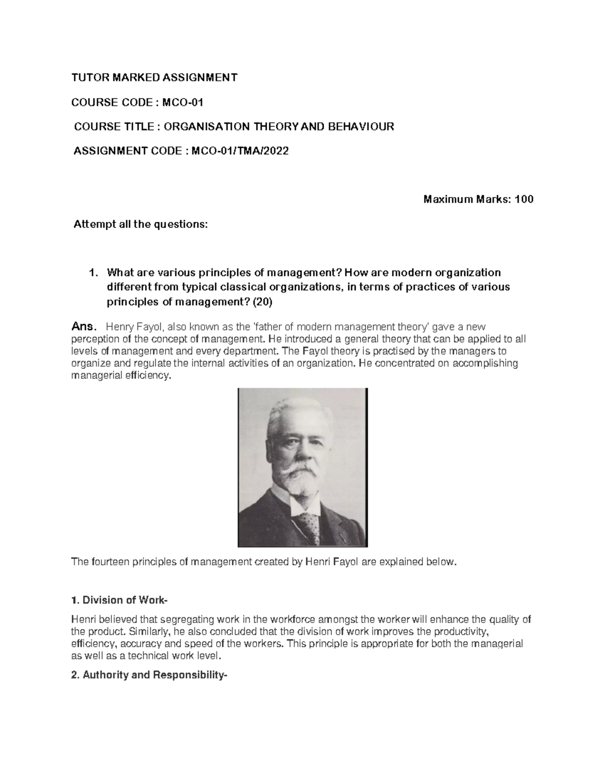 MCO-01 - ASSIGNMENTS - TUTOR MARKED ASSIGNMENT COURSE CODE : MCO- COURSE TITLE : ORGANISATION ...