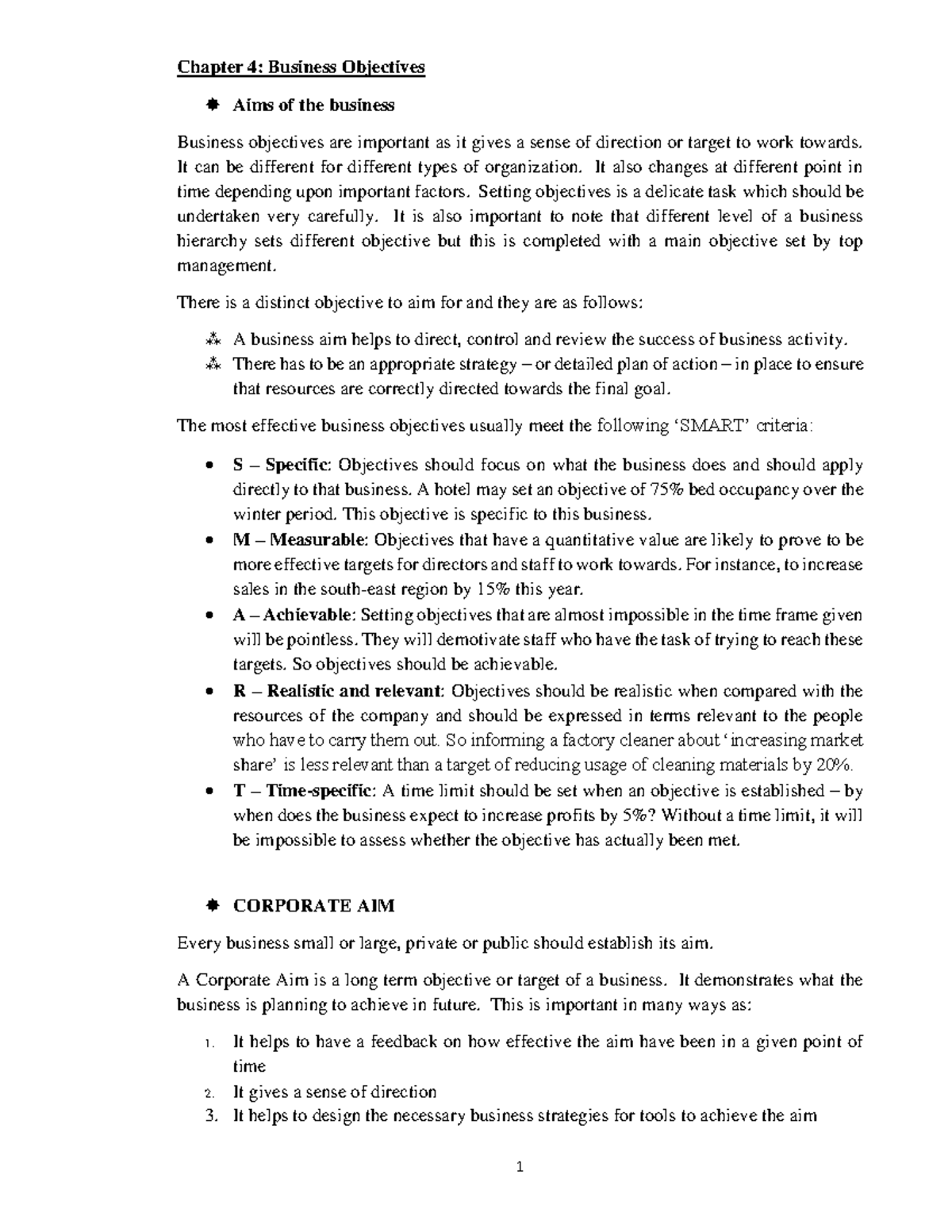 UNIT1 4business - Chapter 4: Business Objectives Aims of the business ...