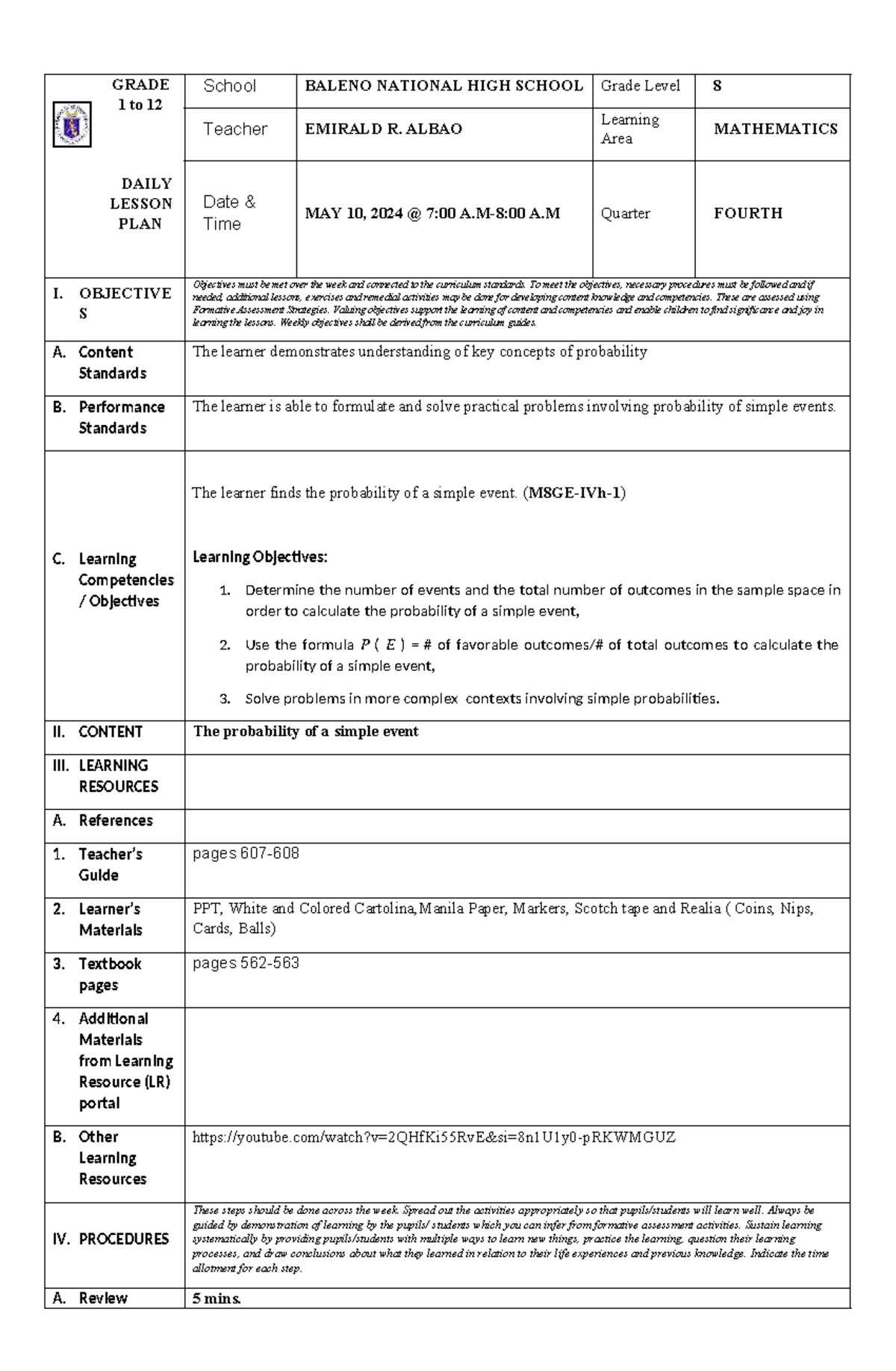 Final Demo G8 1 - Daily lesson plan - GRADE 1 to 12 DAILY LESSON PLAN School BALENO NATIONAL ...