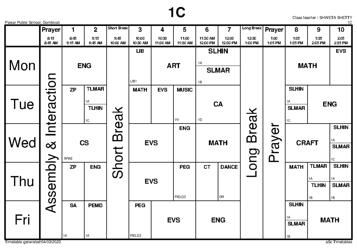 Class Timetable Part 3 - Pawar Public School, Dombivali 1C Class ...