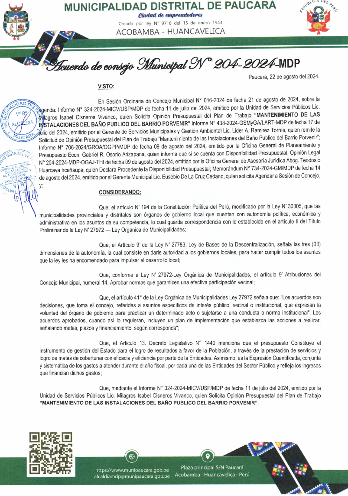 Acuerdo DE Concejo Municipal 204 - MUNICIPALIDAD DISTRITAL DE PAUCARA ...