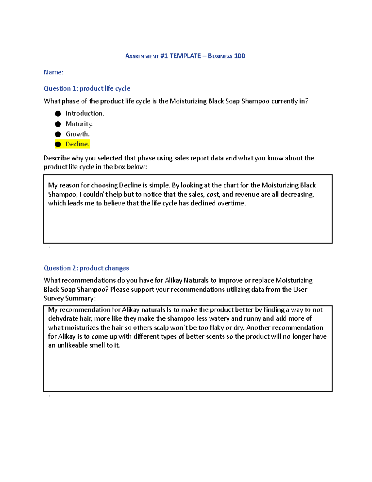 BUS Week 3 Template Assignment - ASSIGNMENT #1 TEMPLATE – BUSINESS 100 ...