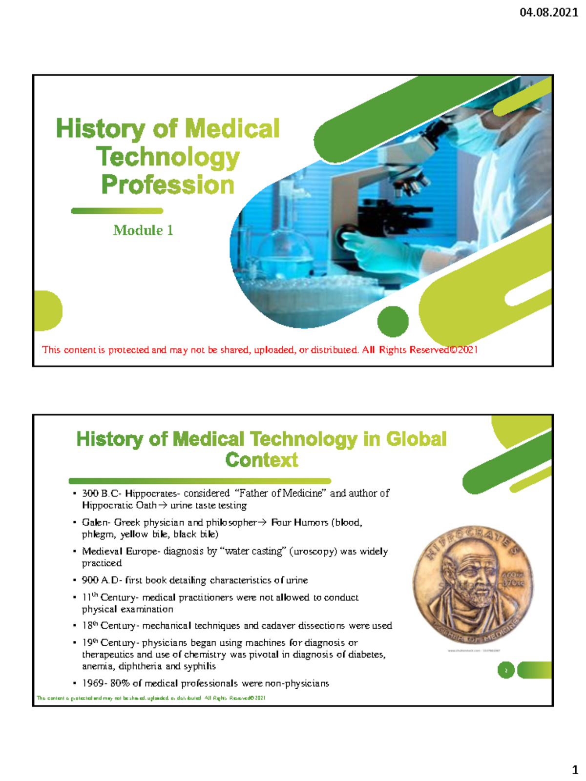 Module 1-History of Medical Technology Profession - Module 1 This ...