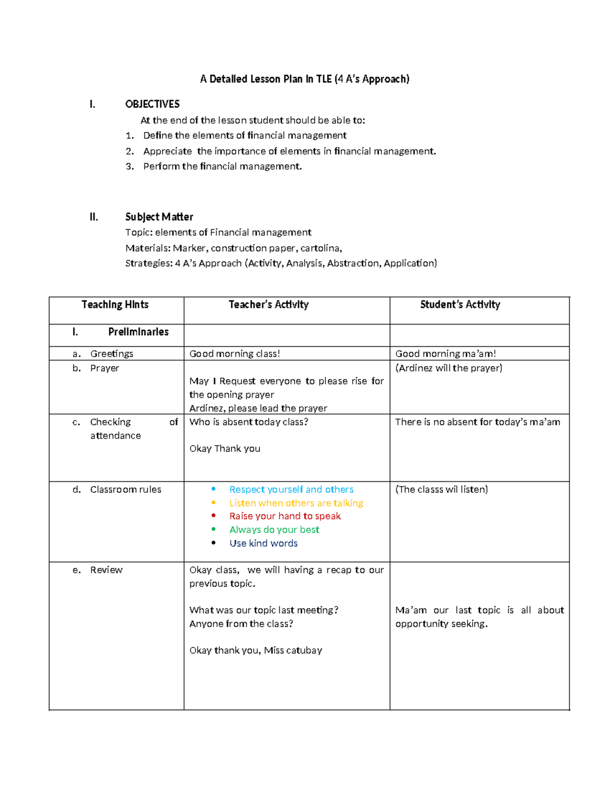 Lautan Lesson Plan Q2 - A Detailed Lesson Plan in TLE (4 A’s Approach ...