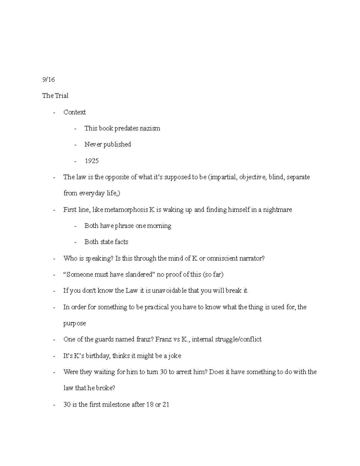 The Trial 1 Notes - 9/ The Trial - Context - This book predates nazism ...