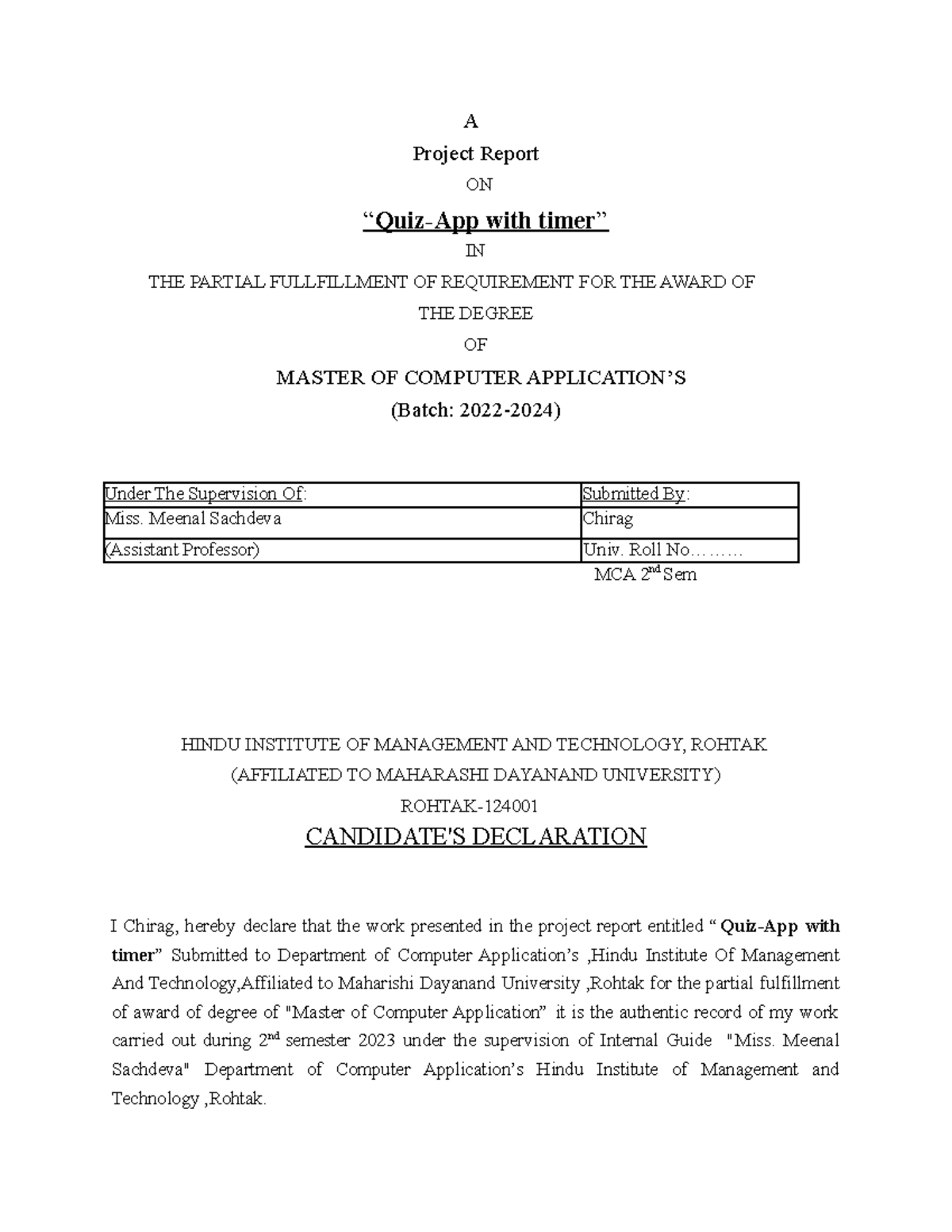 Chirag - A Project Report ON “Quiz-App with timer” IN THE PARTIAL ...