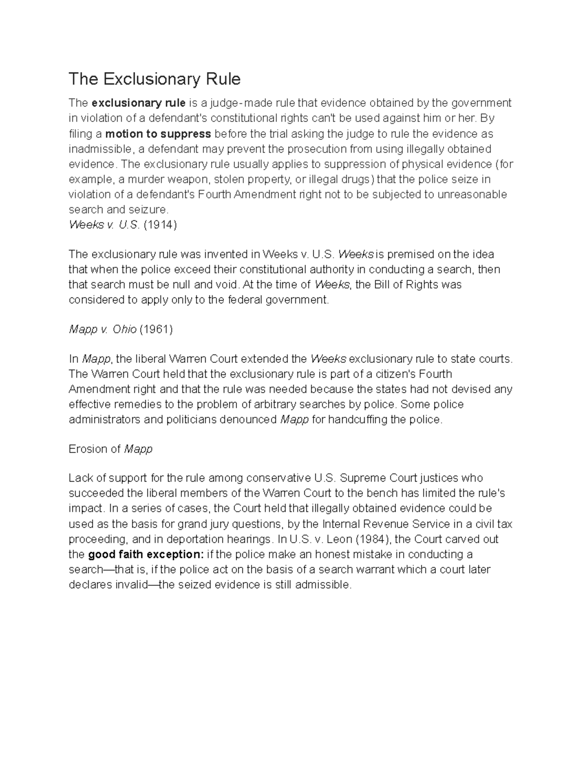 The Exclusionary Rule - By filing a motion to suppress before the trial ...