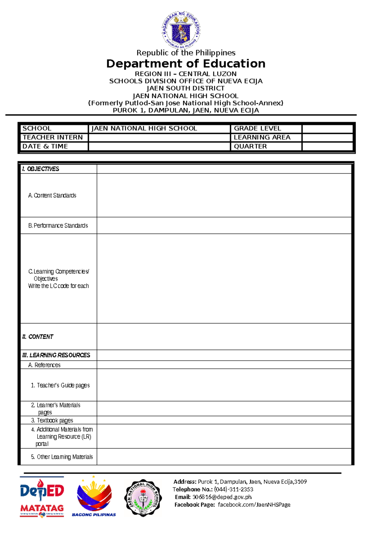 SLP- Format - Republic of the Philippines Department of Education ...