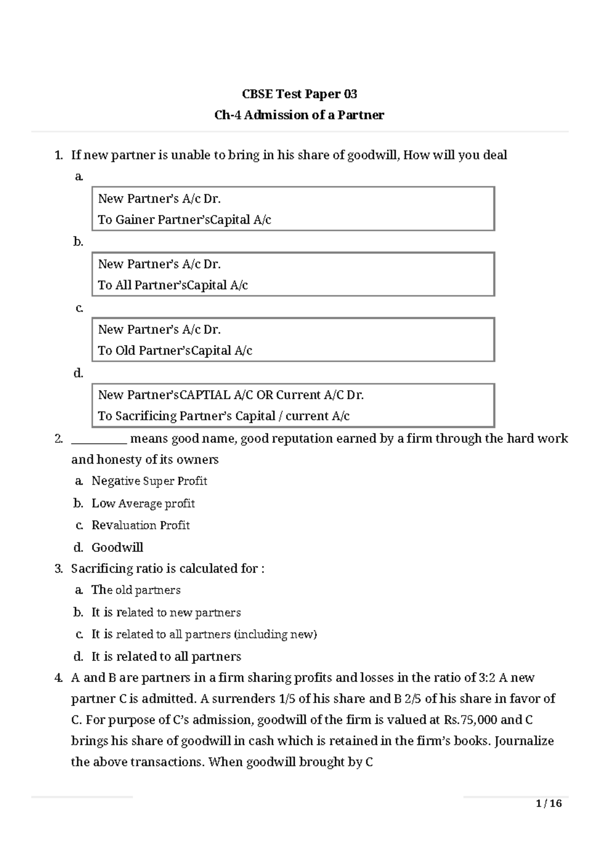 Admission 3 - CBSE Test Paper 03 Ch-4 Admission of a Partner If new ...