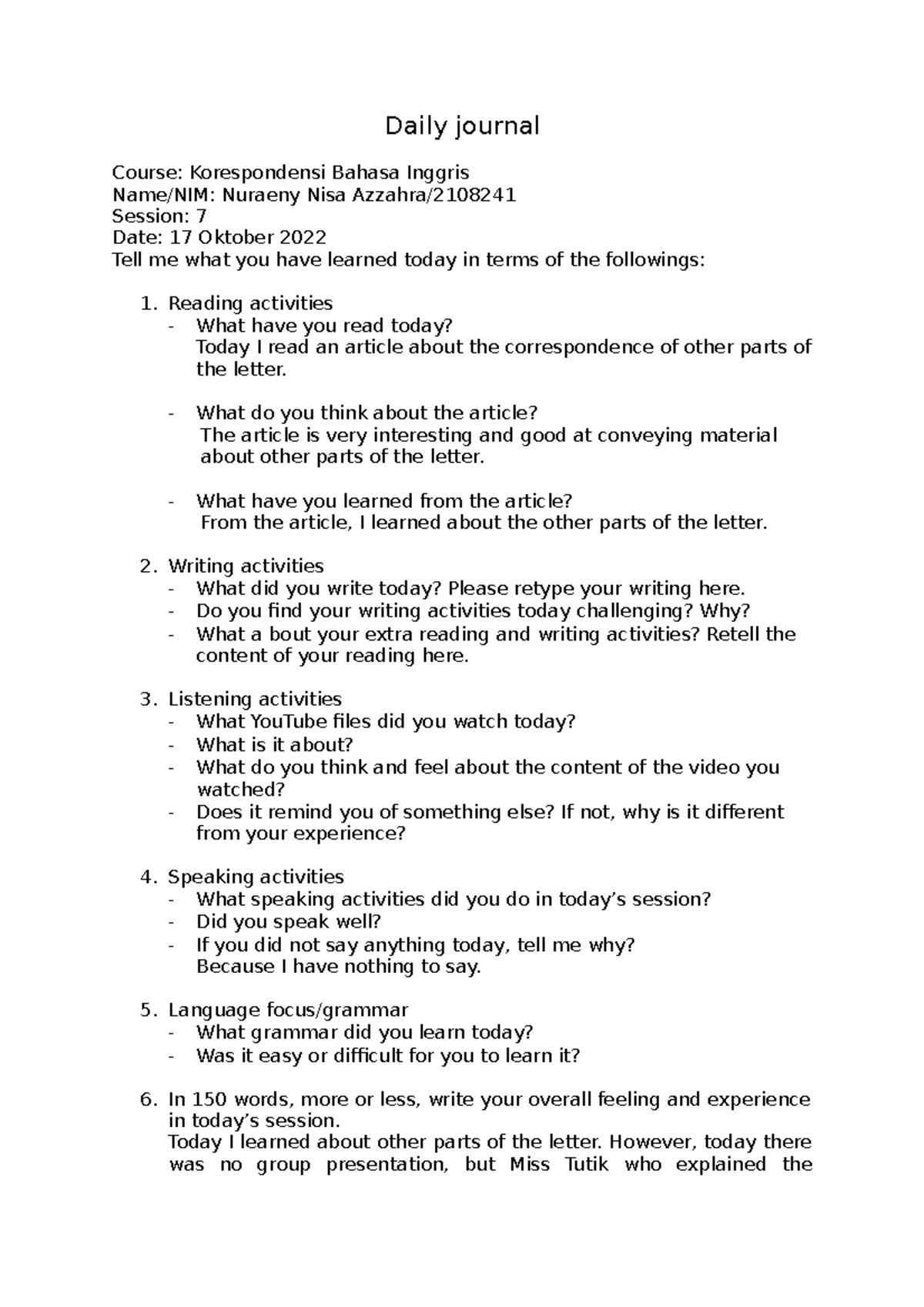 Daily journal at English Course to reflect student's understanding ...