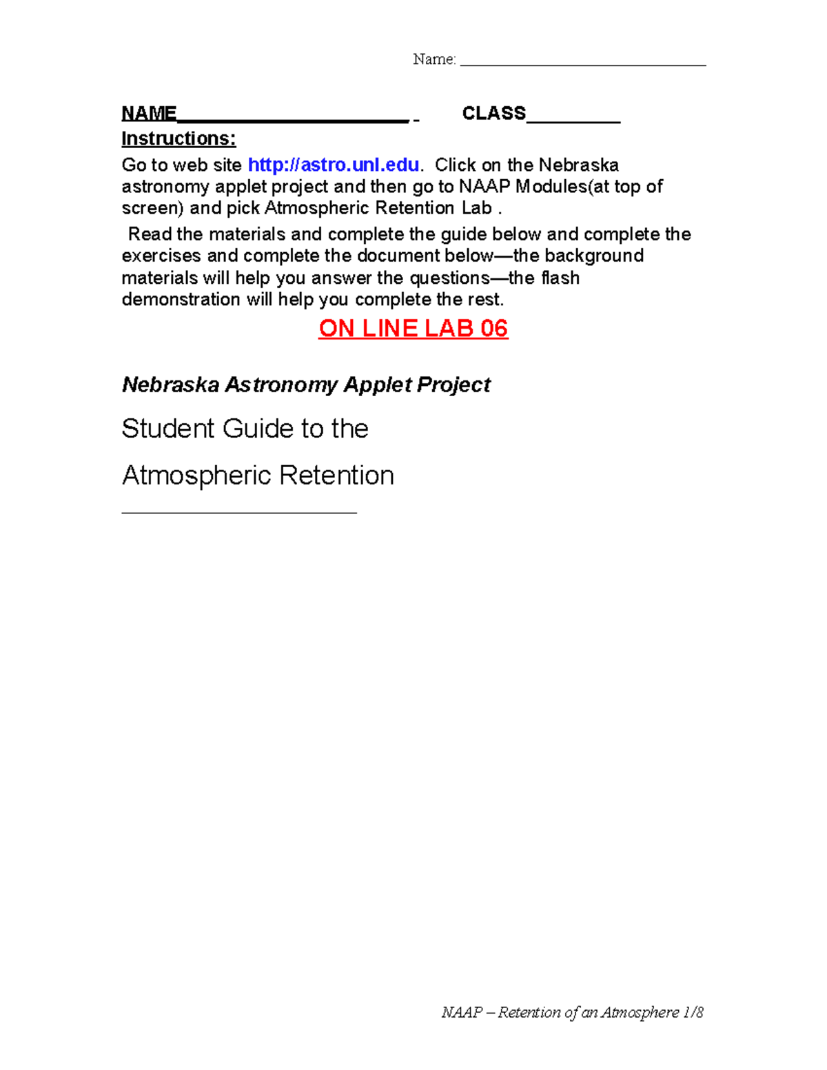 Atmospheric Retention Lab Worksheet and Manual-1 - Name: NAME______________________ CLASS ...