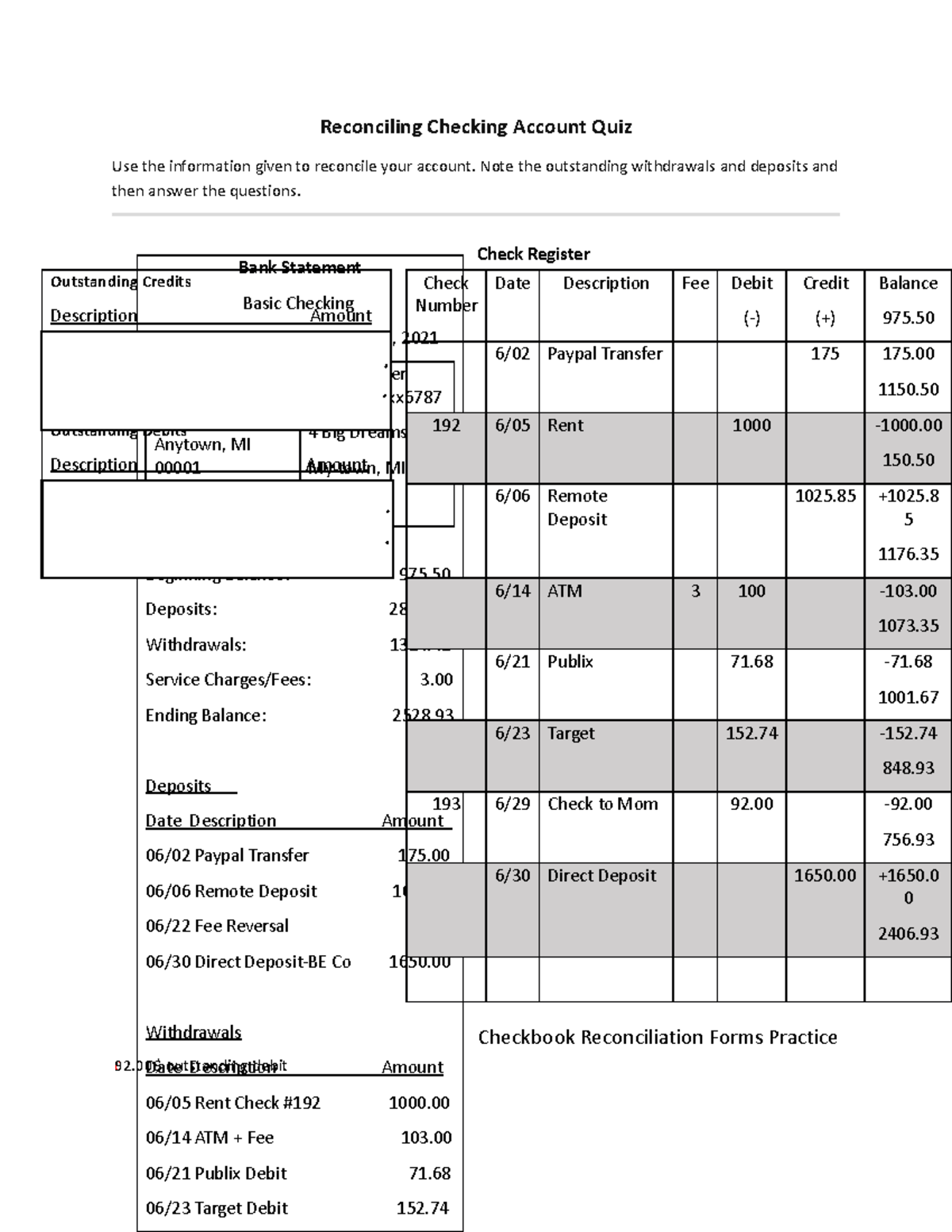 Chapter 4 - Reconciling Checking Account Quiz - Reconciling Checking ...