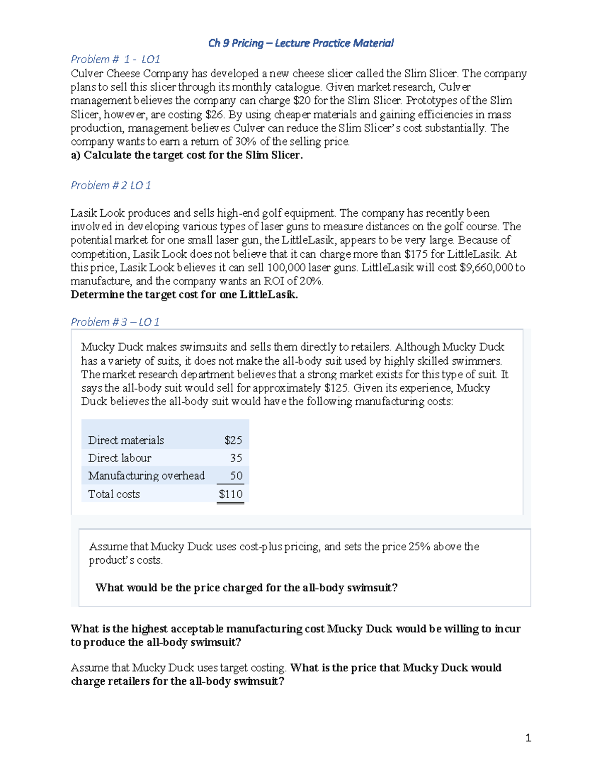 Ch 9 pricing Lecture Practice Material - Ch 9 Pricing – Lecture Practice Material _Problem # 1 ...