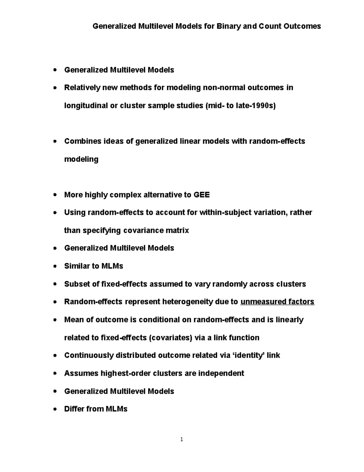 Generalized Multilevel Models for Binary and Count Outcomes I - Generalized Multilevel Models ...