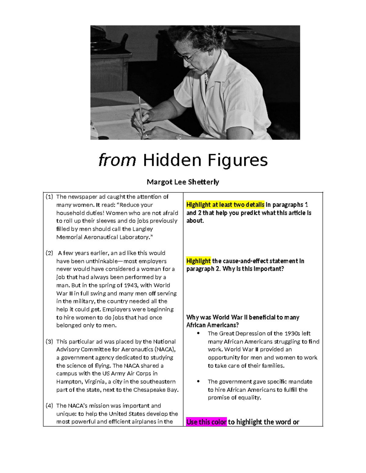 Hidden Figures Reading Part 1 - from Hidden Figures Margot Lee ...